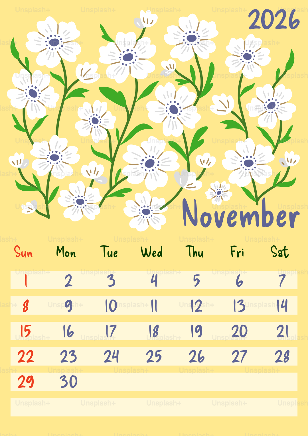 November 2026 Kalender mit Blumendesign Vektor – Bild zum Thema Blume ...
