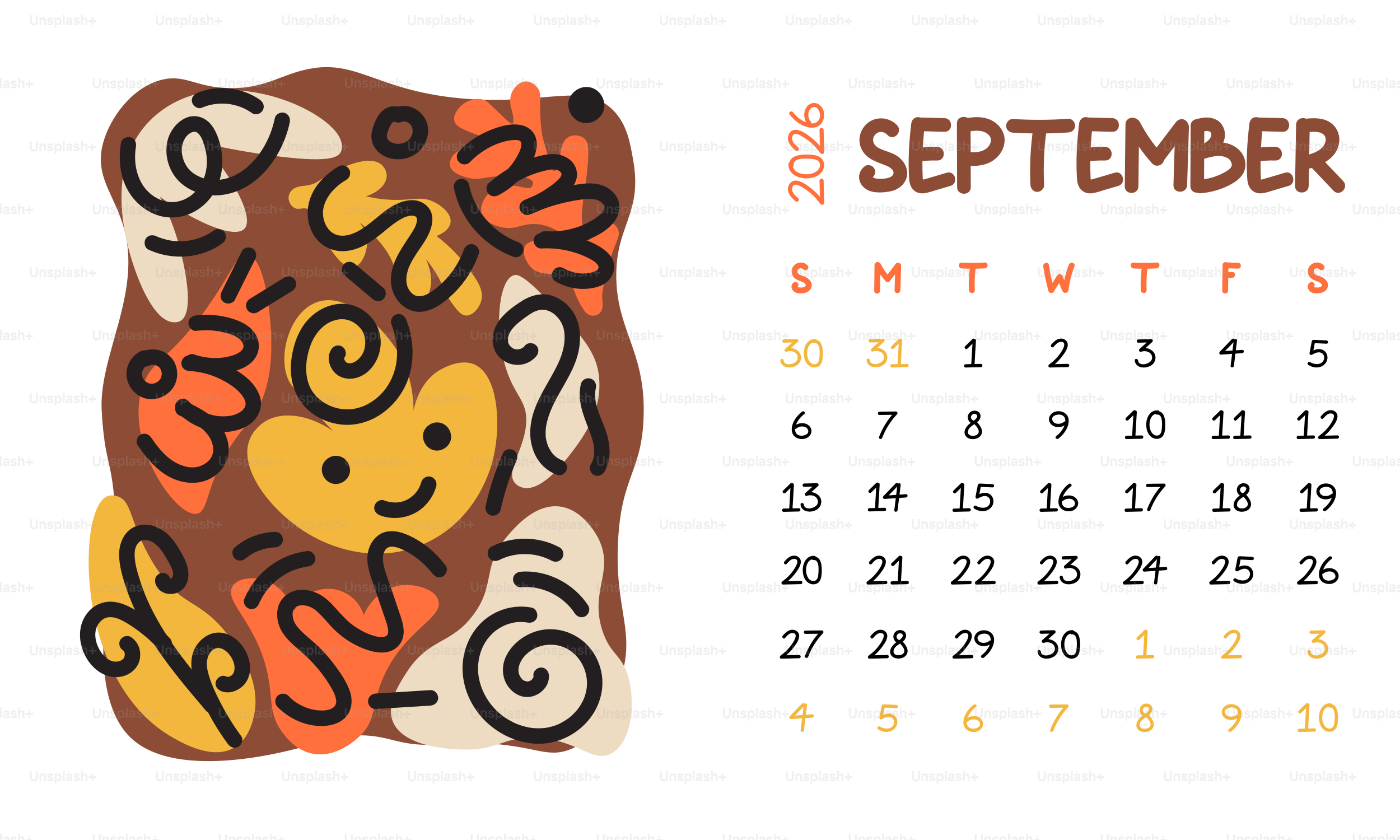 September 2026 calendar with abstract doodle art vector – Abstract ...