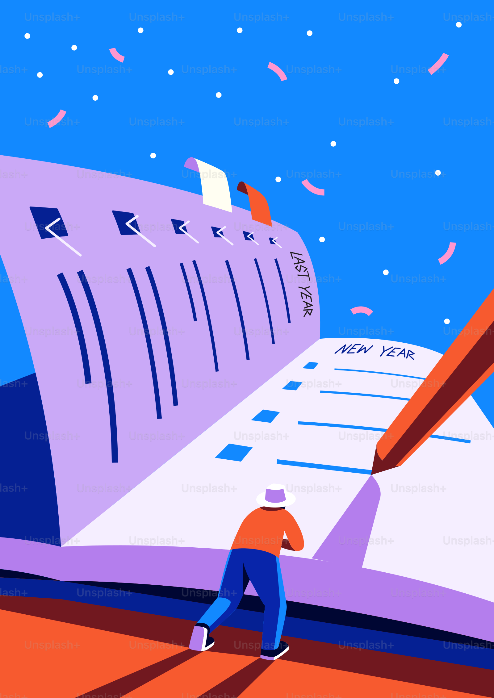 Woman reviews goals next to boxes labeled new year boxes. vector ...