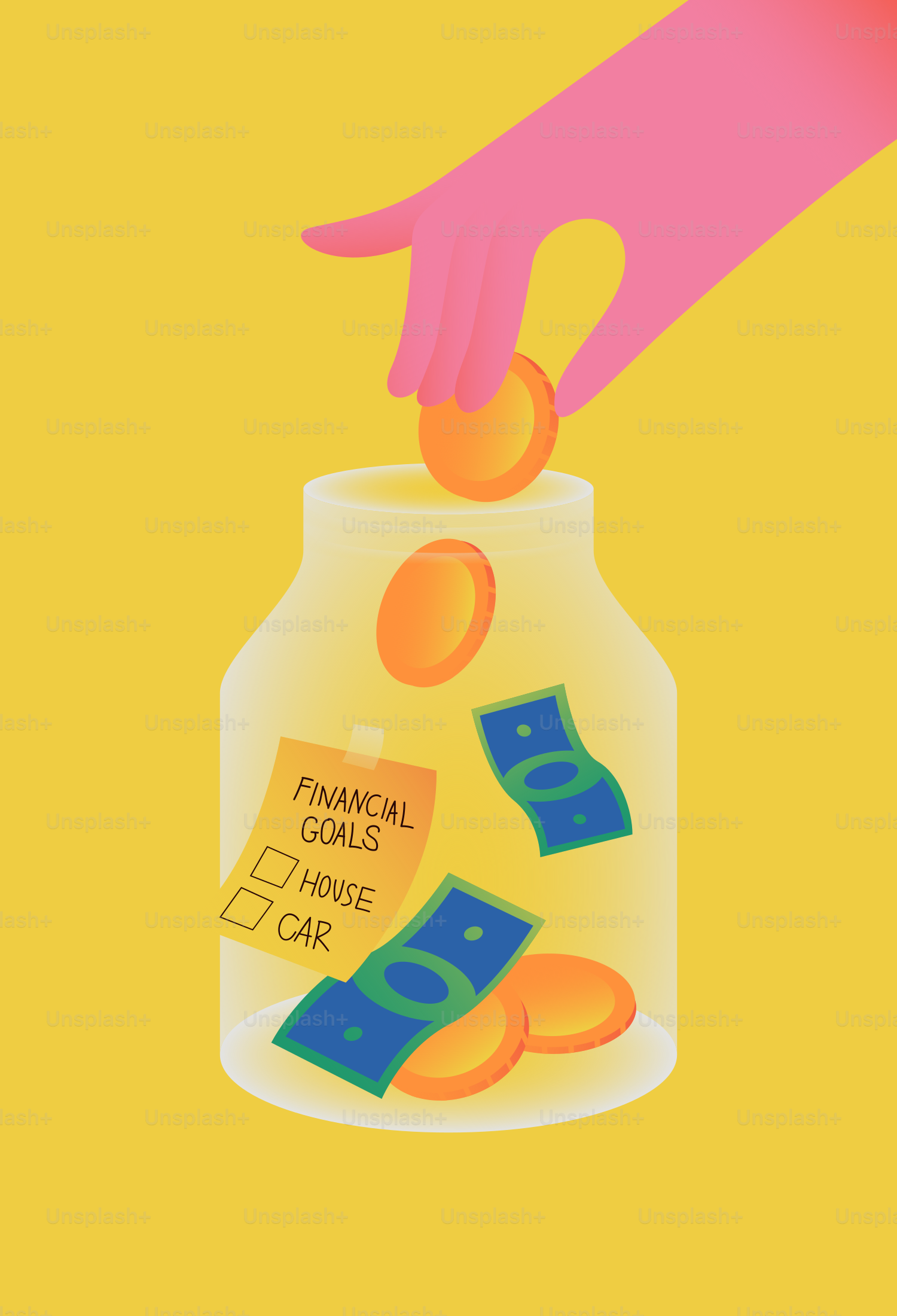 Hand dropping coins into a jar with money and goals. vector – Car Image ...