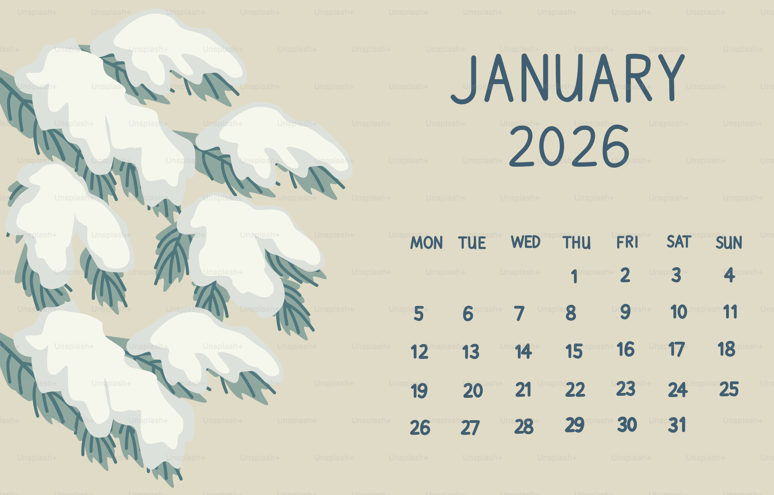 January 2026 calendar with snow-covered branches. vector – Winter Image ...