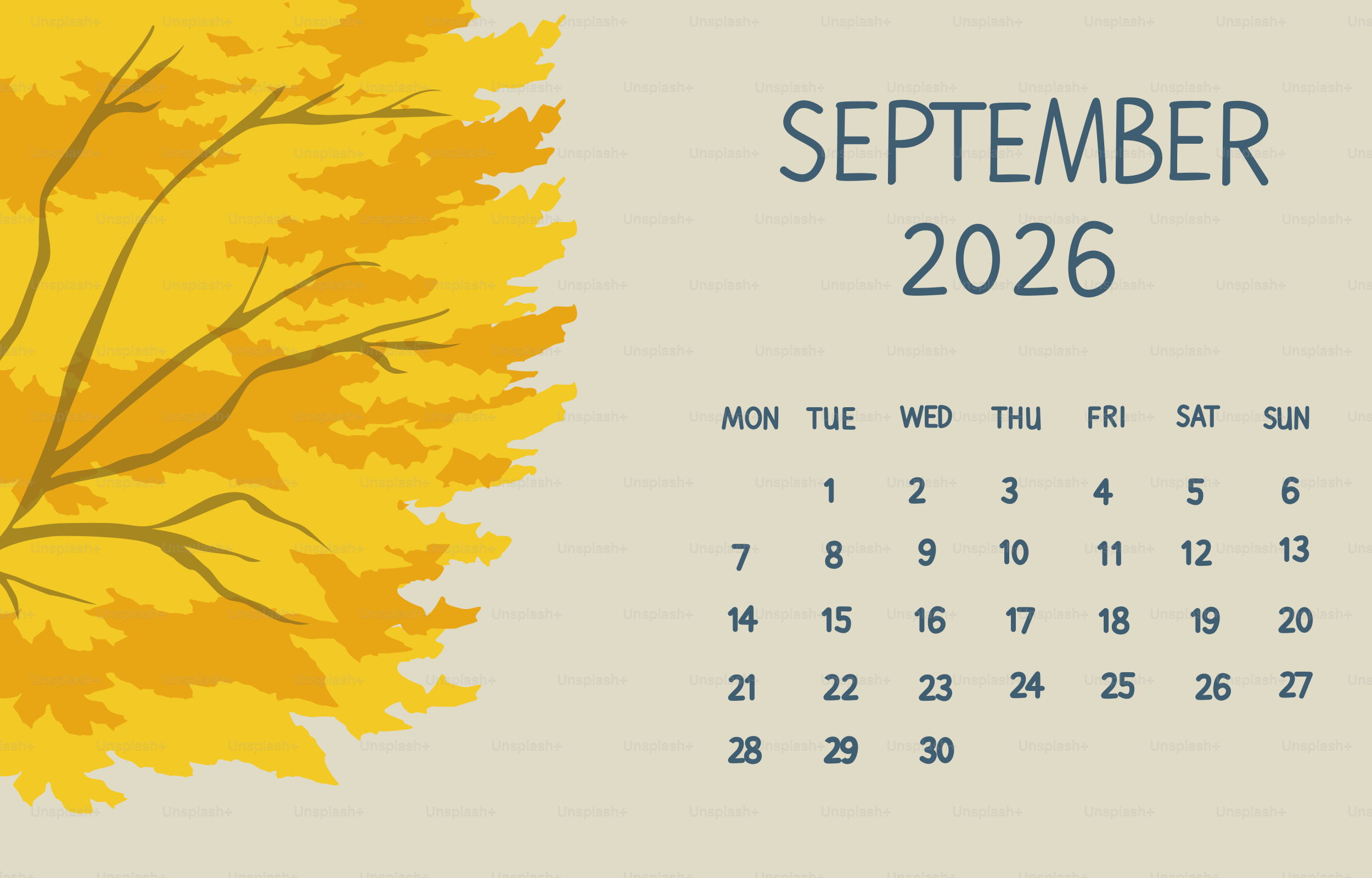 Vektor Kalender September 2026 dengan daun musim gugur – Gambar Musim ...