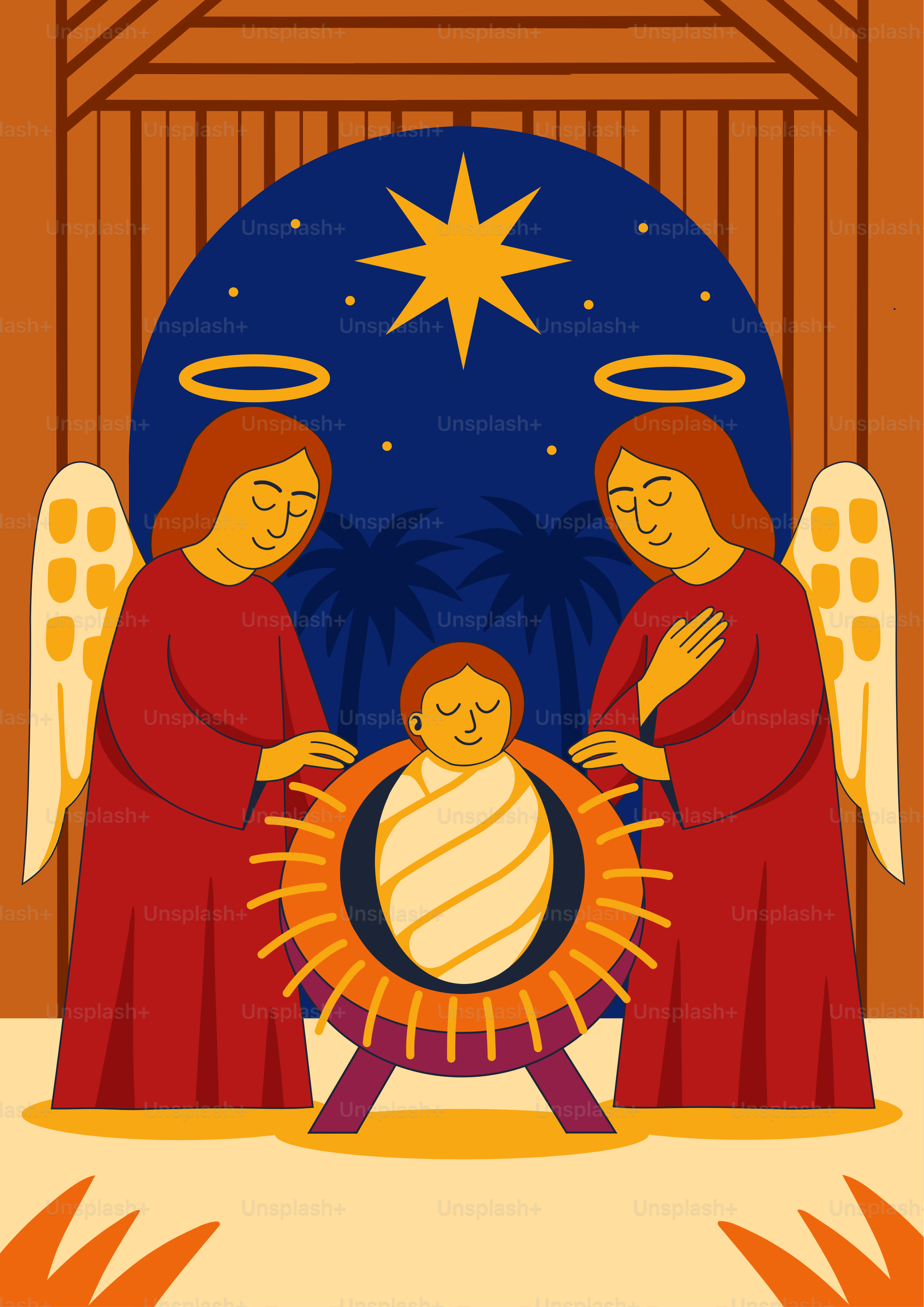Two angels watch over baby jesus in a manger. vector – Christmas Image ...