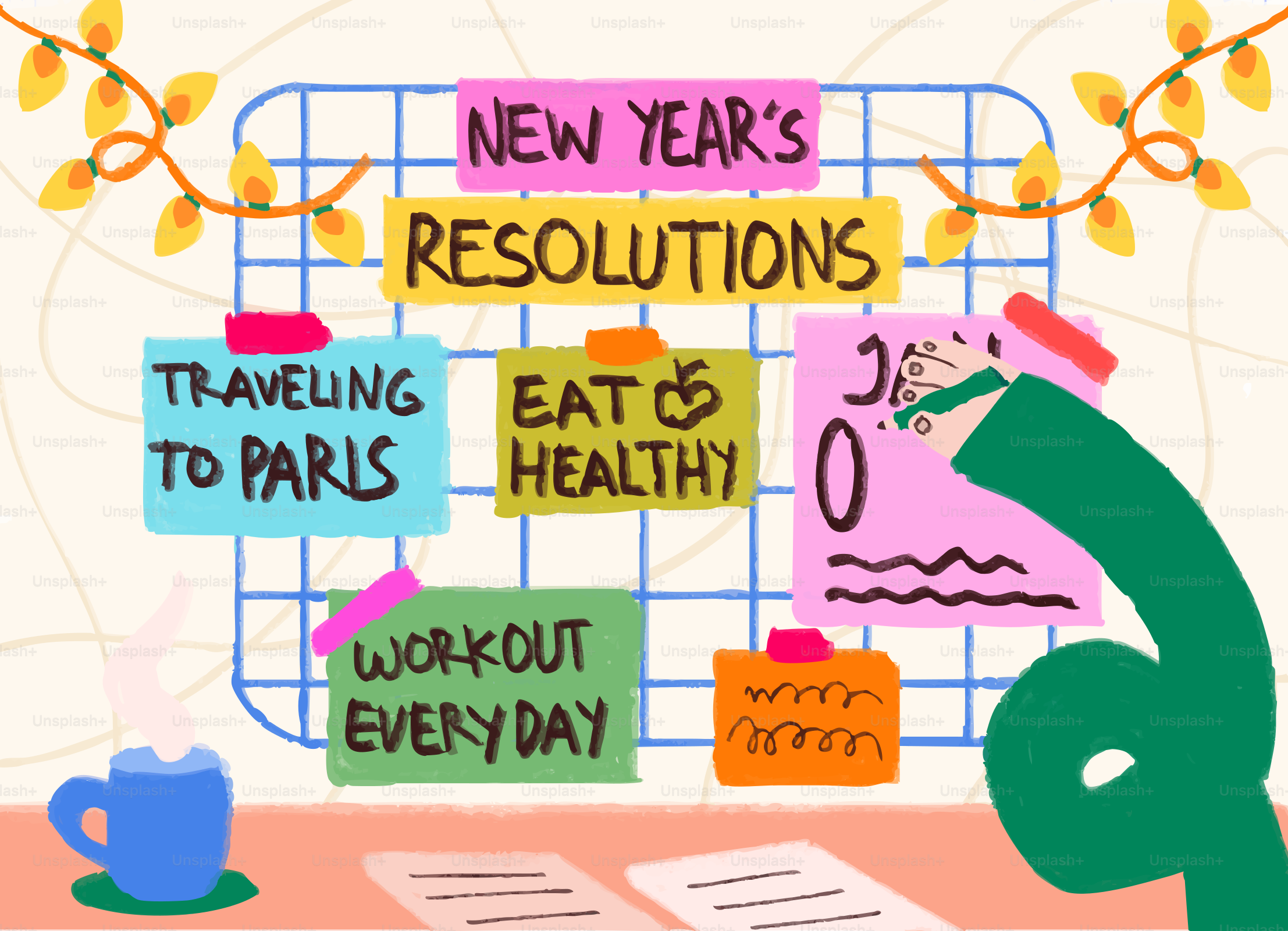 Vektor Papan resolusi tahun baru dengan catatan tempel. – Gambar ...