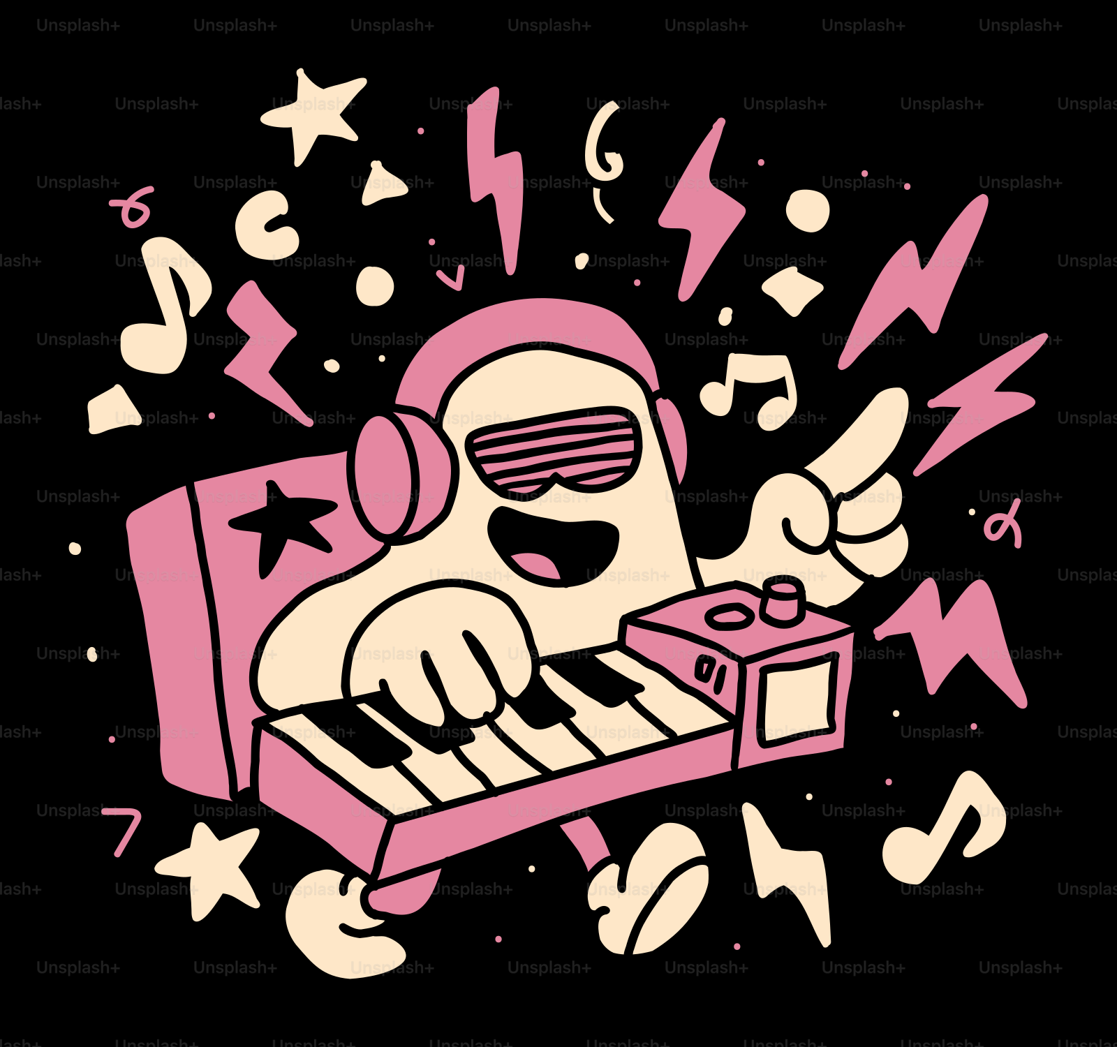 A cartoon ghost dj plays music with headphones and boombox. vector ...