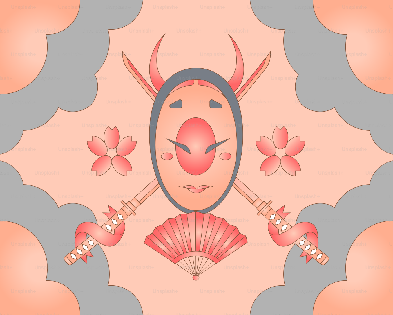 Vektor Topeng tradisional jepang dengan pedang dan kipas – Gambar Bunga ...