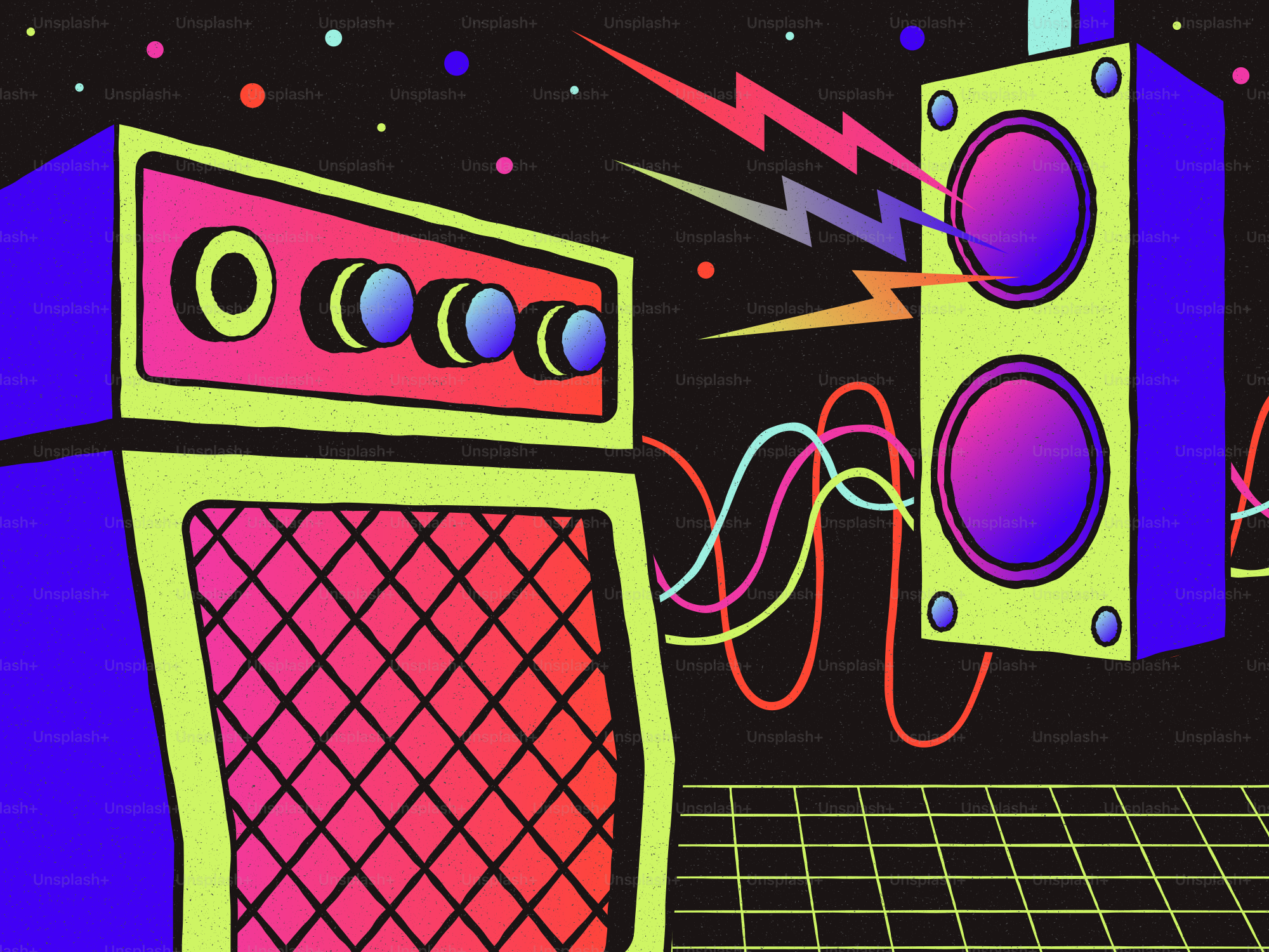 Colorful retro amplifier and speaker with sound waves vector – Music ...