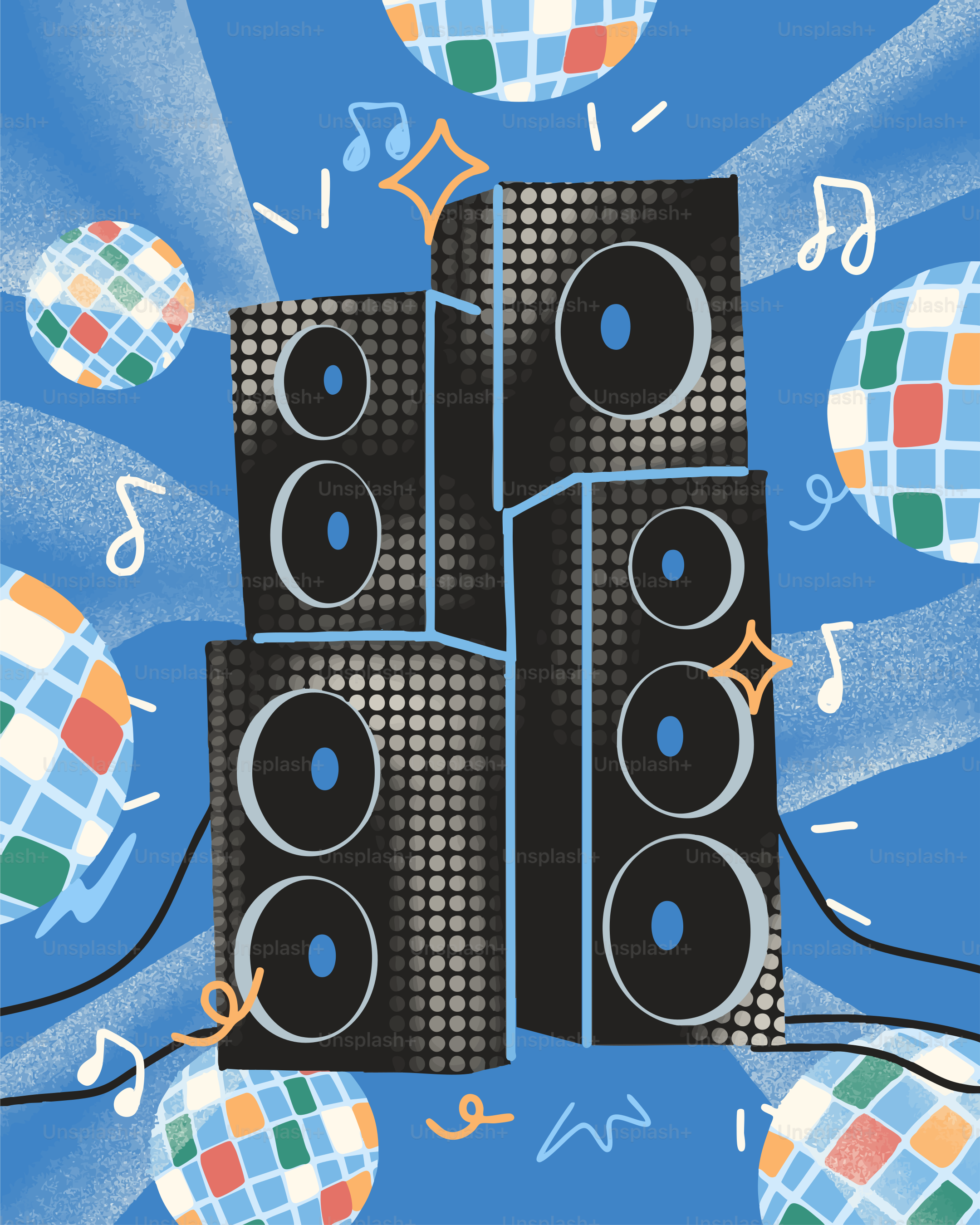 Stack of speakers with disco balls and musical notes vector – Music ...