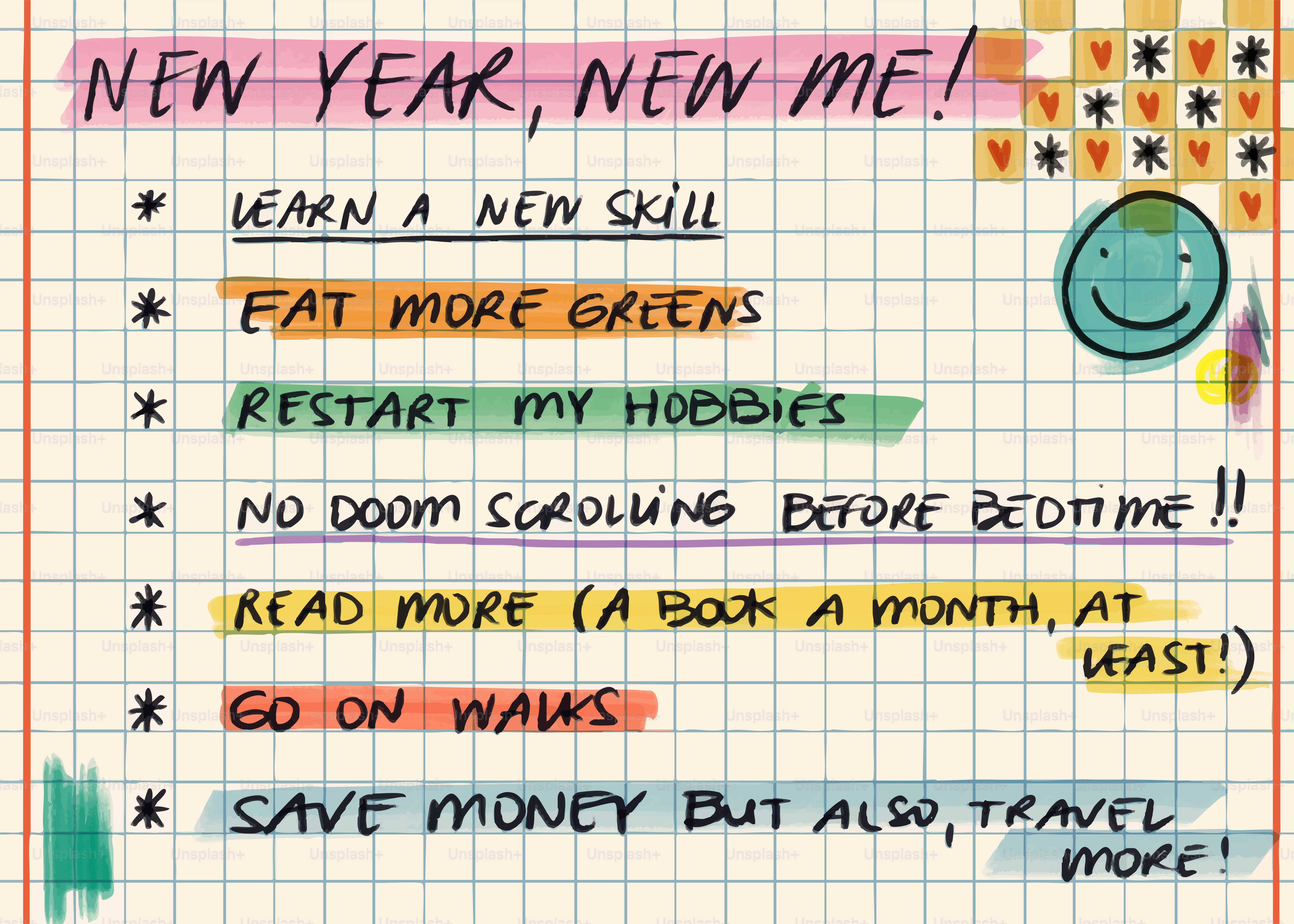 New year's resolutions list with drawings and a smiley face. vector ...