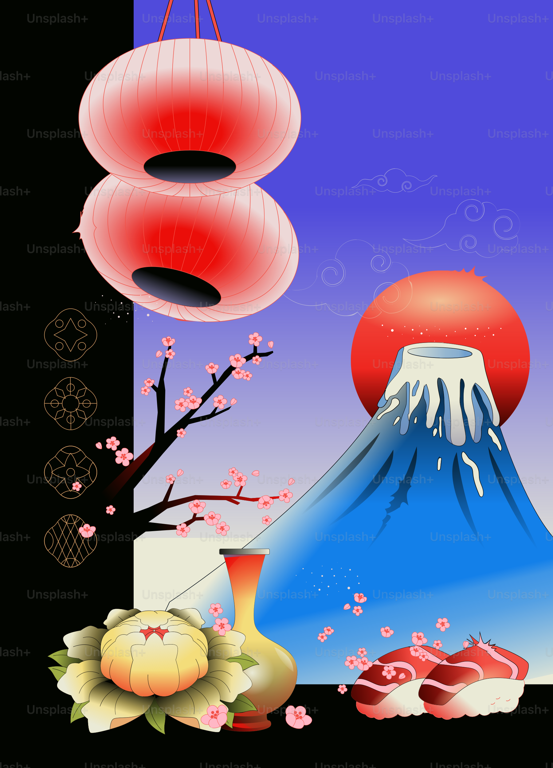 Red vase with flowers, peaches, and lantern vector – Wallpaper Image on ...