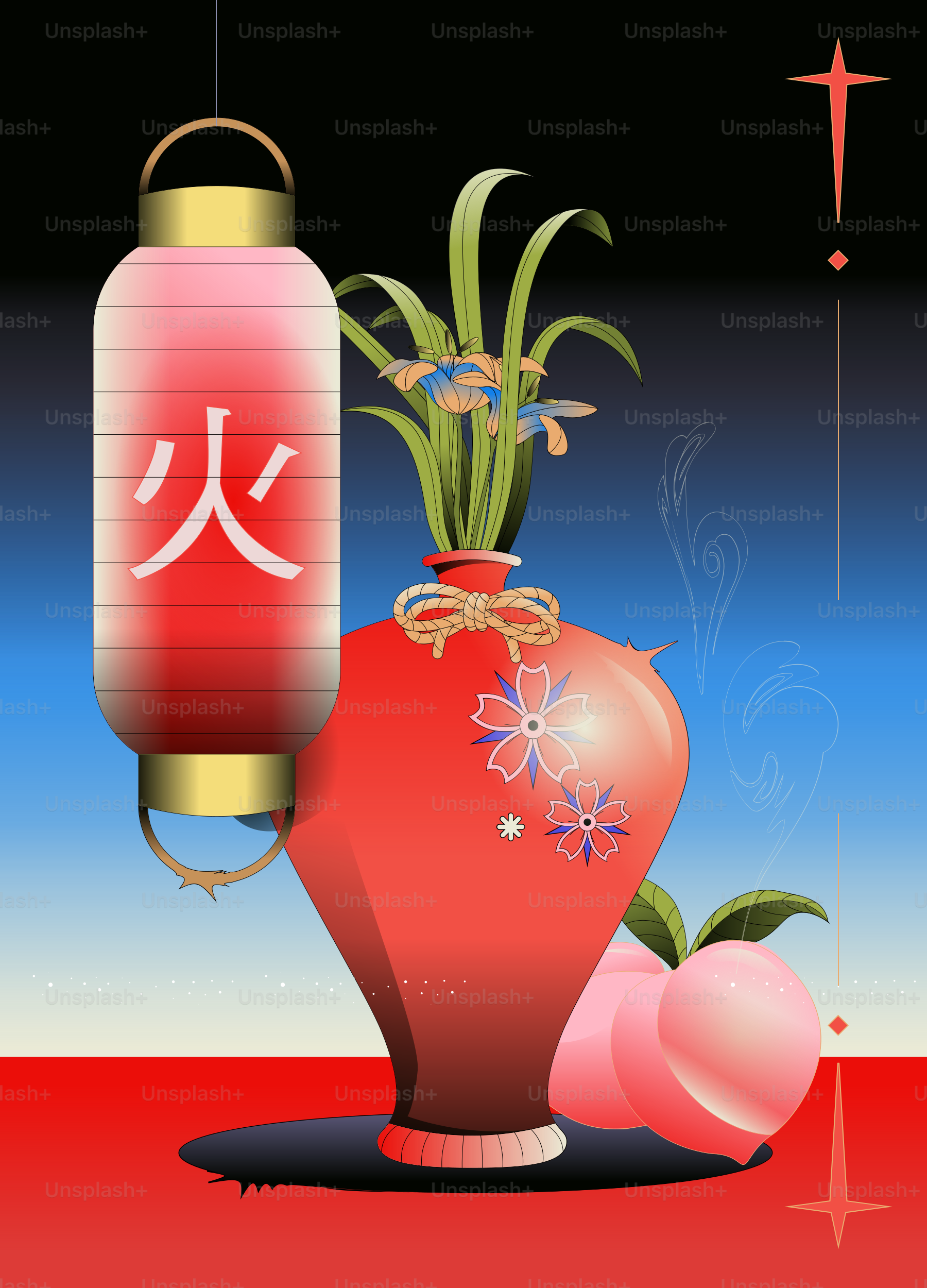 Red vase with flowers, peaches, and lantern vector – Wallpaper Image on ...