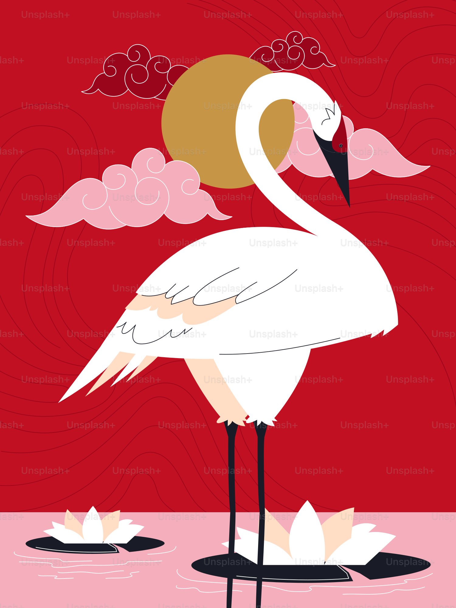 White crane stands in water with lotus flowers. vector – Wallpaper ...