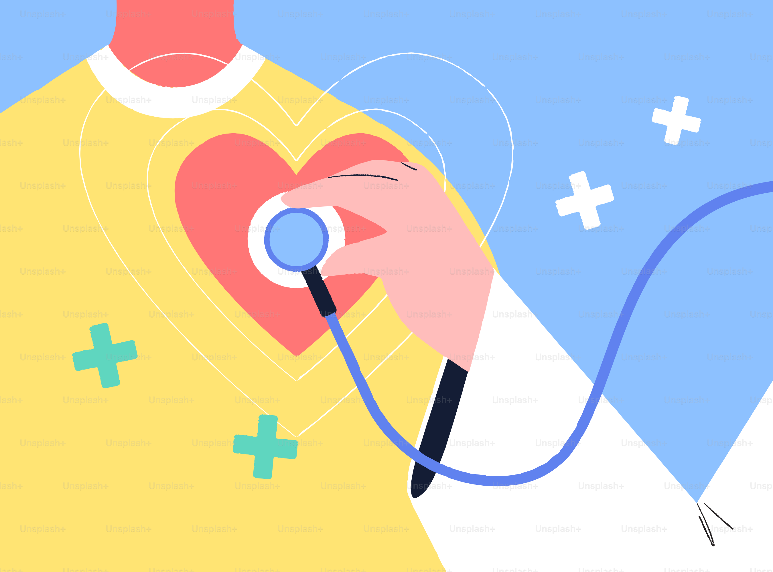 Doctor checks heart with stethoscope, stethoscope, medical symbols ...