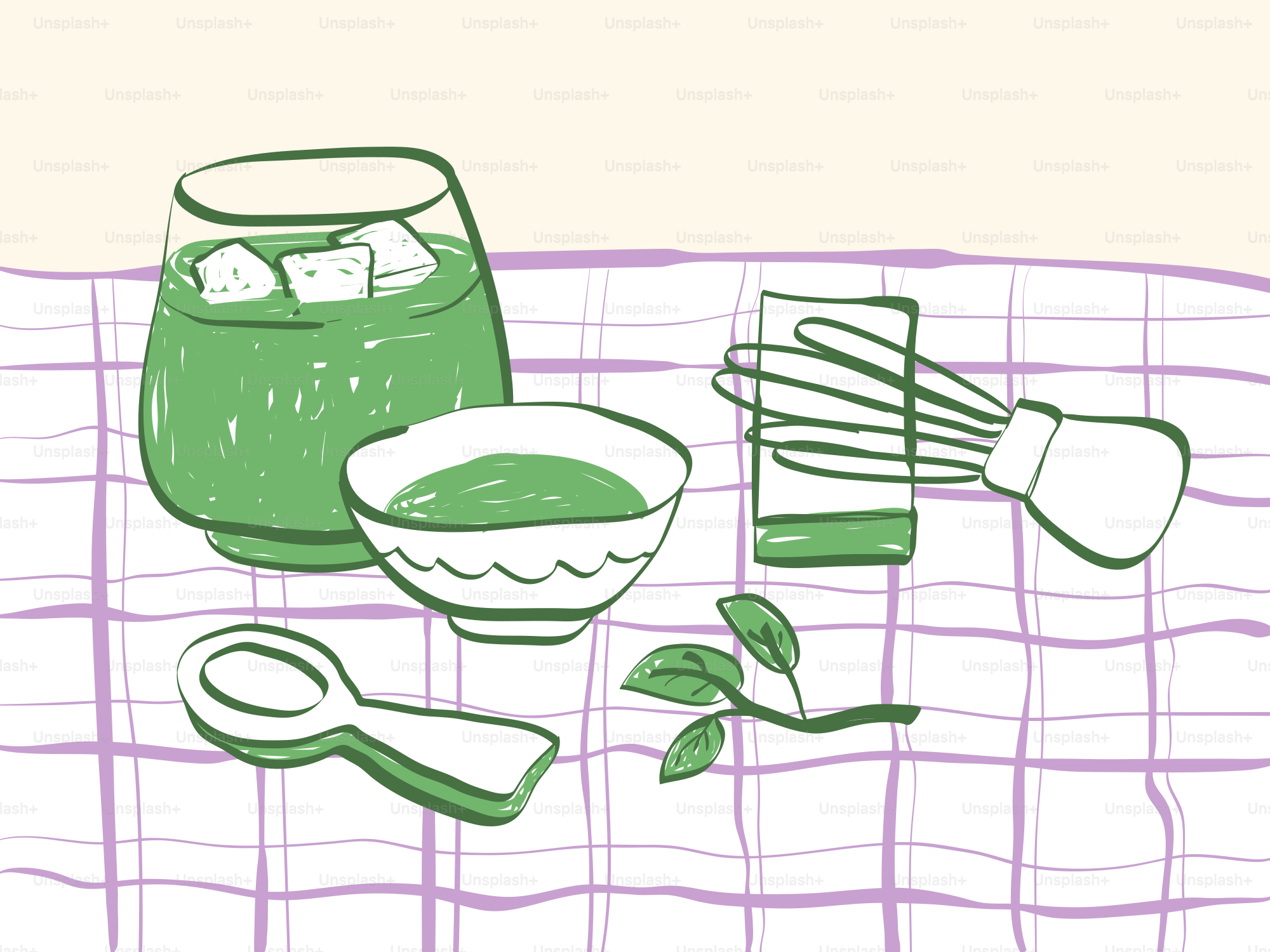 Vektor Persiapan teh hijau dengan mangkuk matcha dan pengocok – Gambar ...