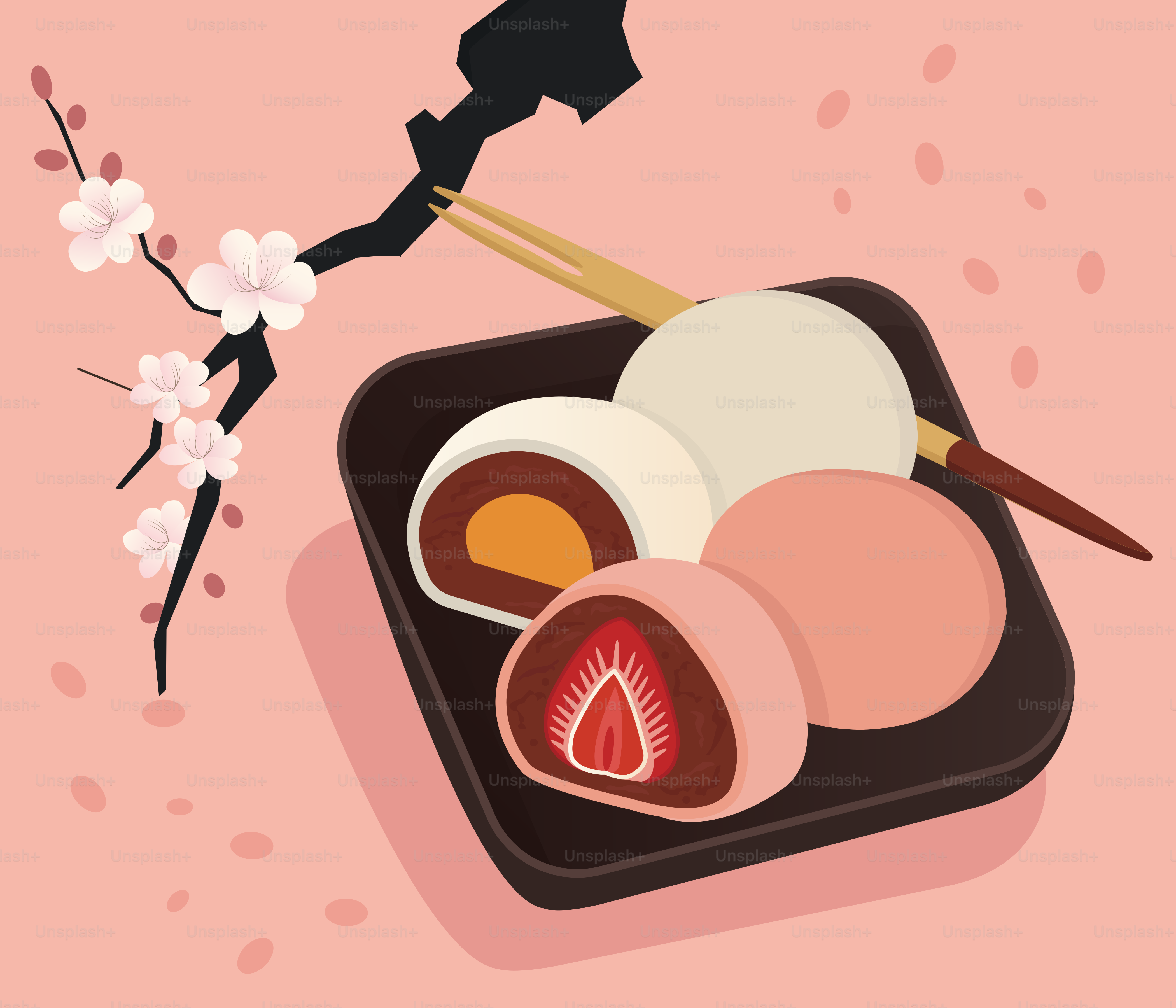 Vektor Bermacam-macam mochi dengan bunga sakura dan sumpit. – Gambar ...