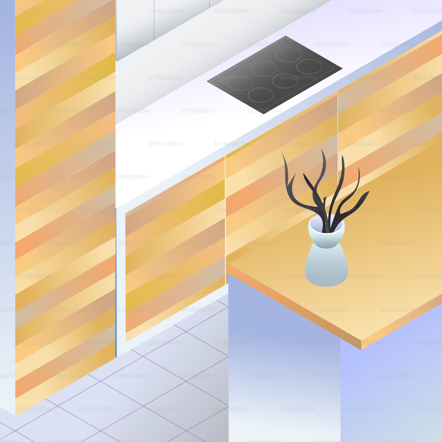 Vektor Dapur modern dengan lemari panel kayu dan kompor induksi ...