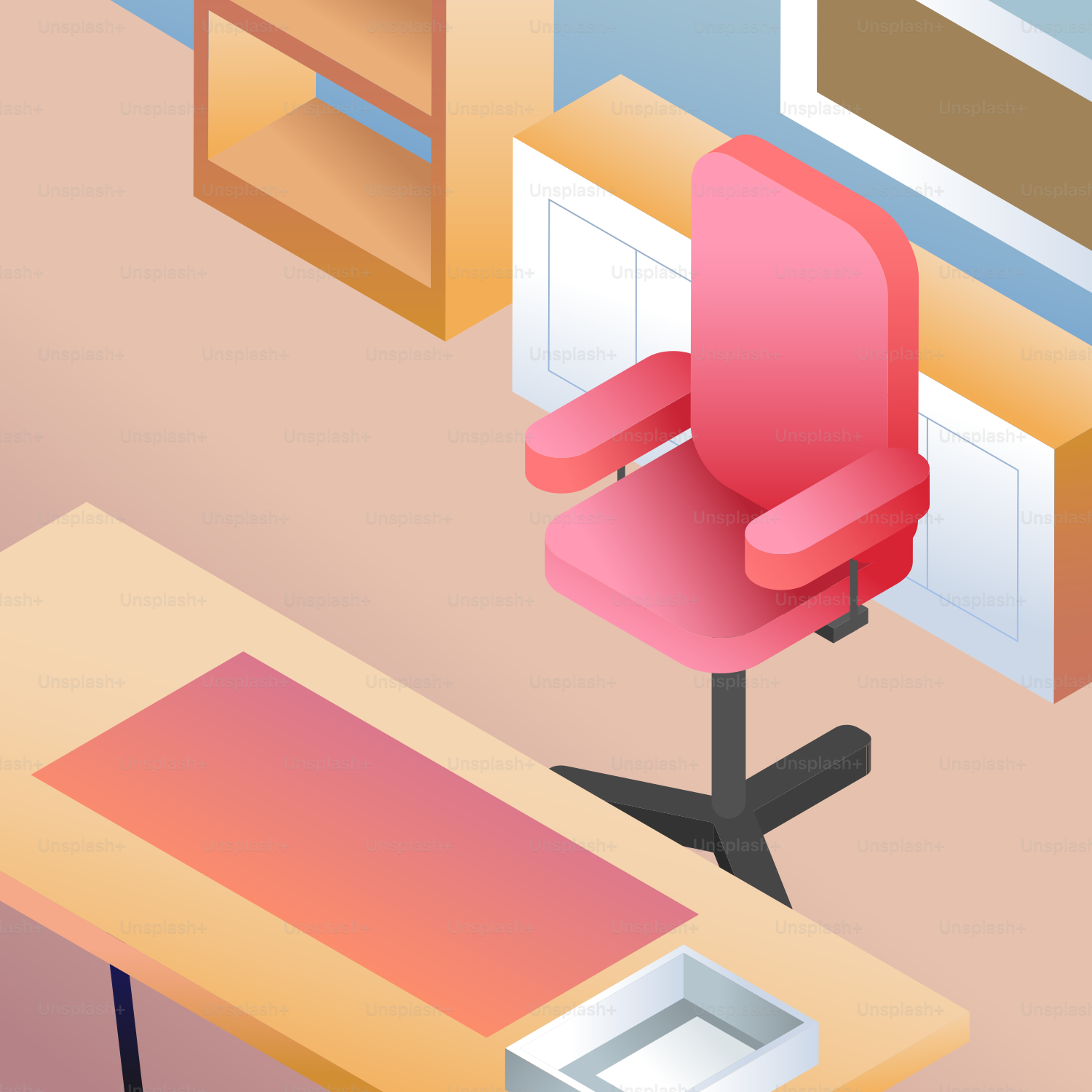 Desk with chair, lamp, cup, and trash can. vector – Office Image on ...