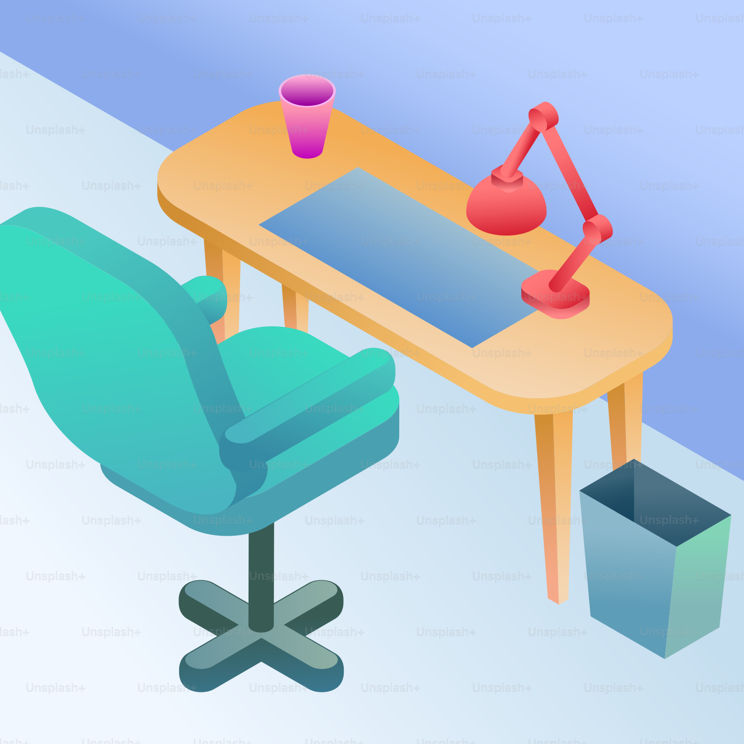 Desk with chair, lamp, cup, and trash can. vector – Office Image on ...