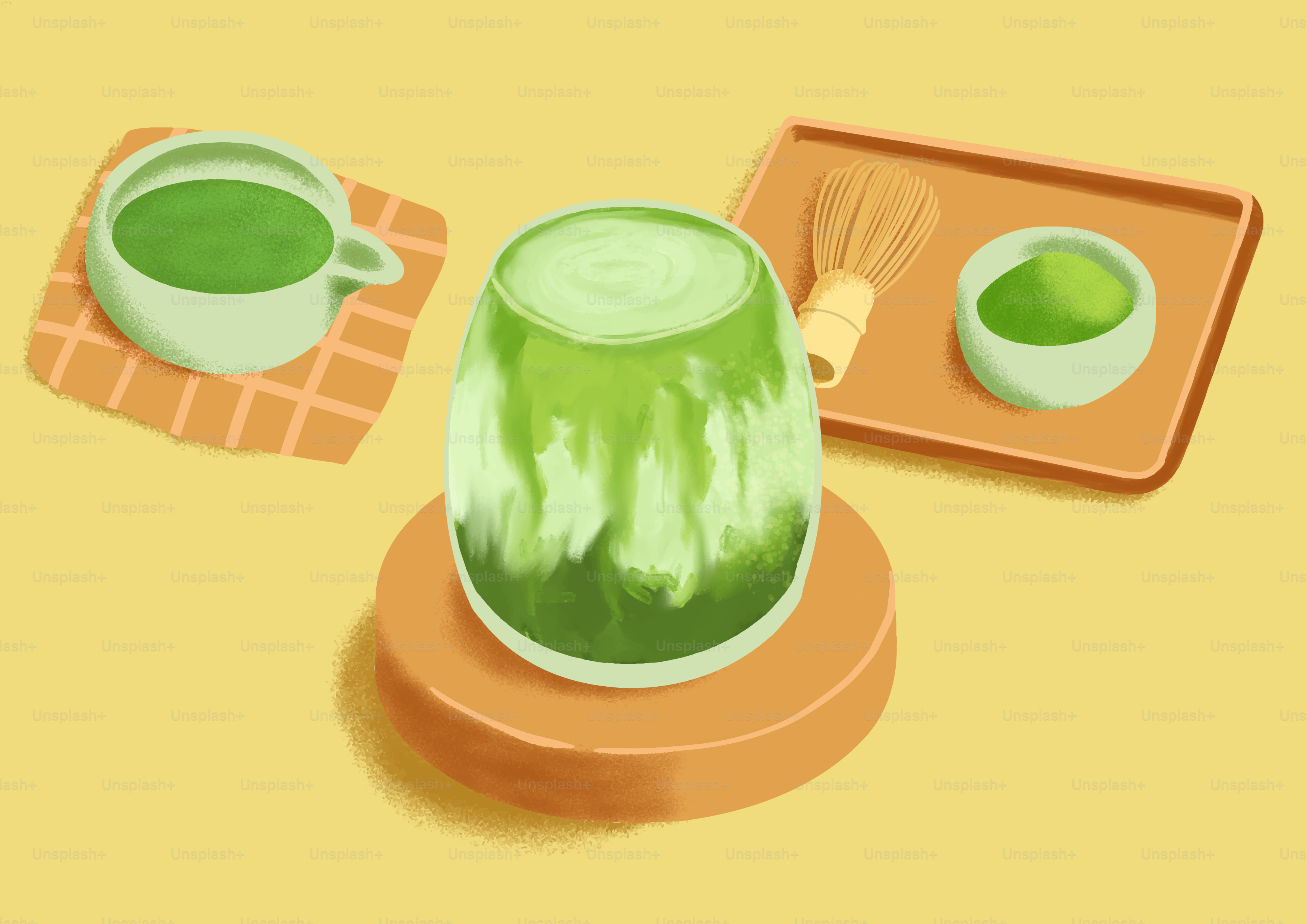 Vektor Tiga porsi teh matcha dengan pengocok dan bubuk. – Gambar ...