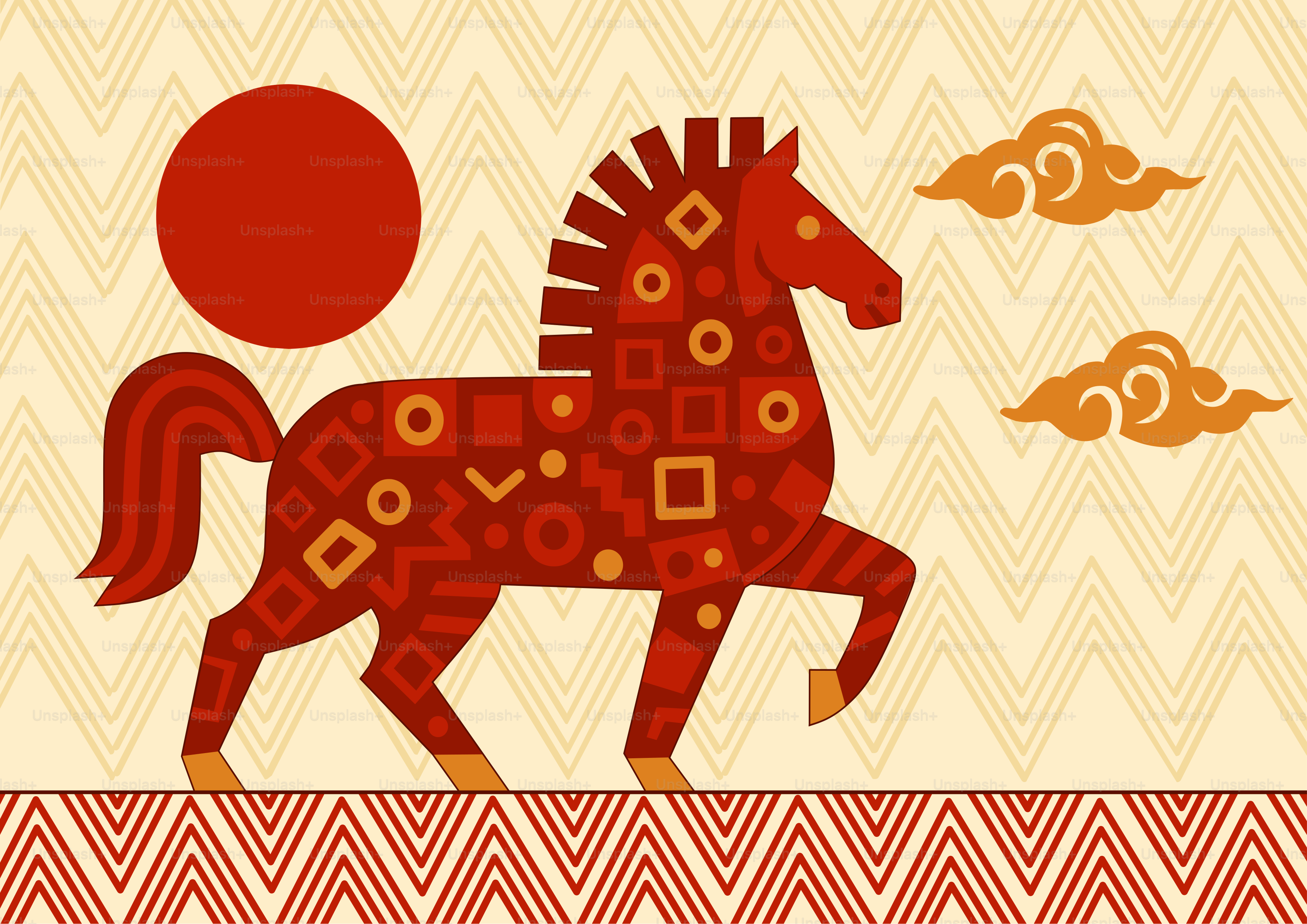 Stylized red horse with decorative patterns and geometric patterns ...