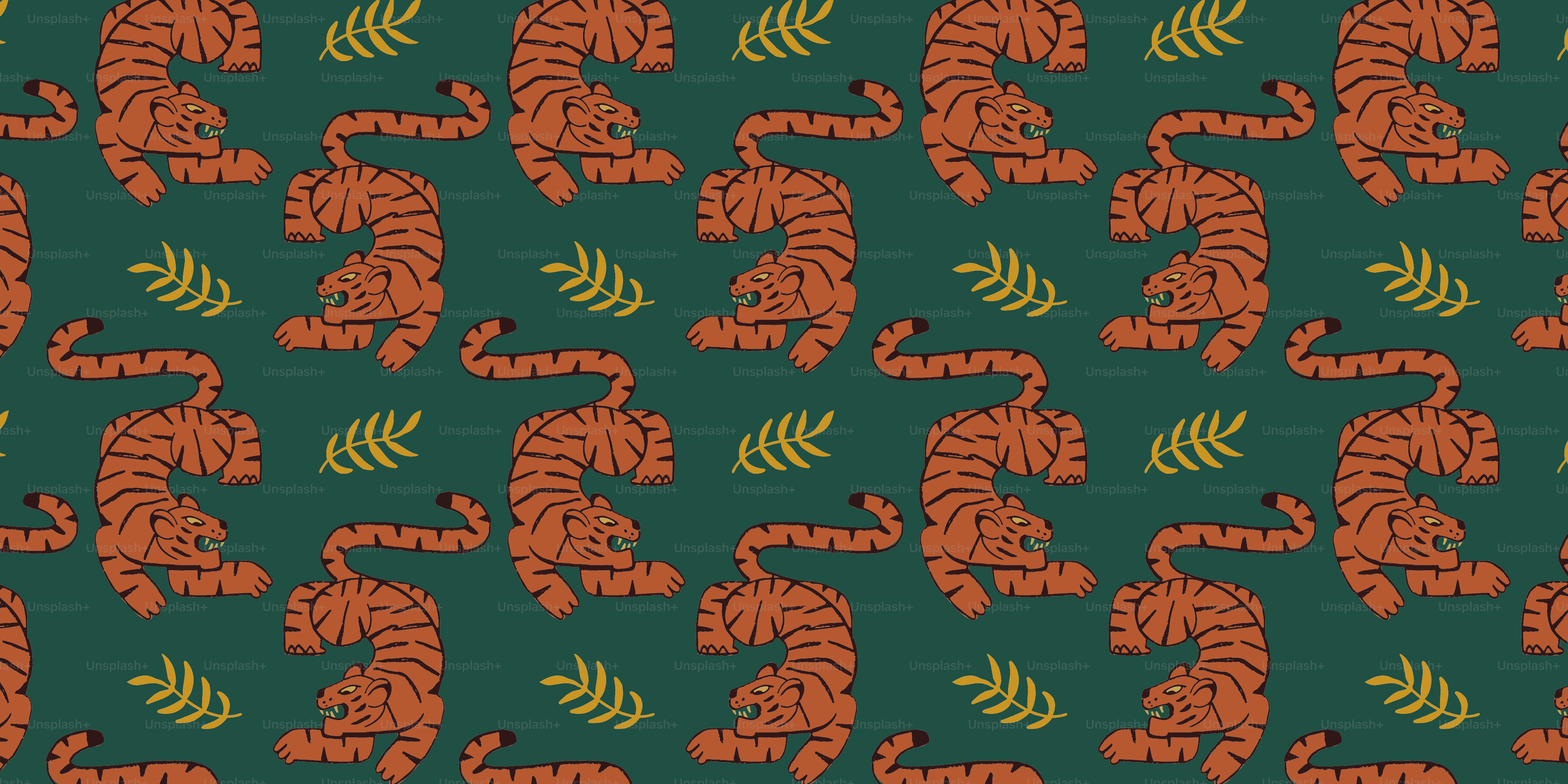 Repeating pattern of orange tigers and yellow leaves on green. vector ...