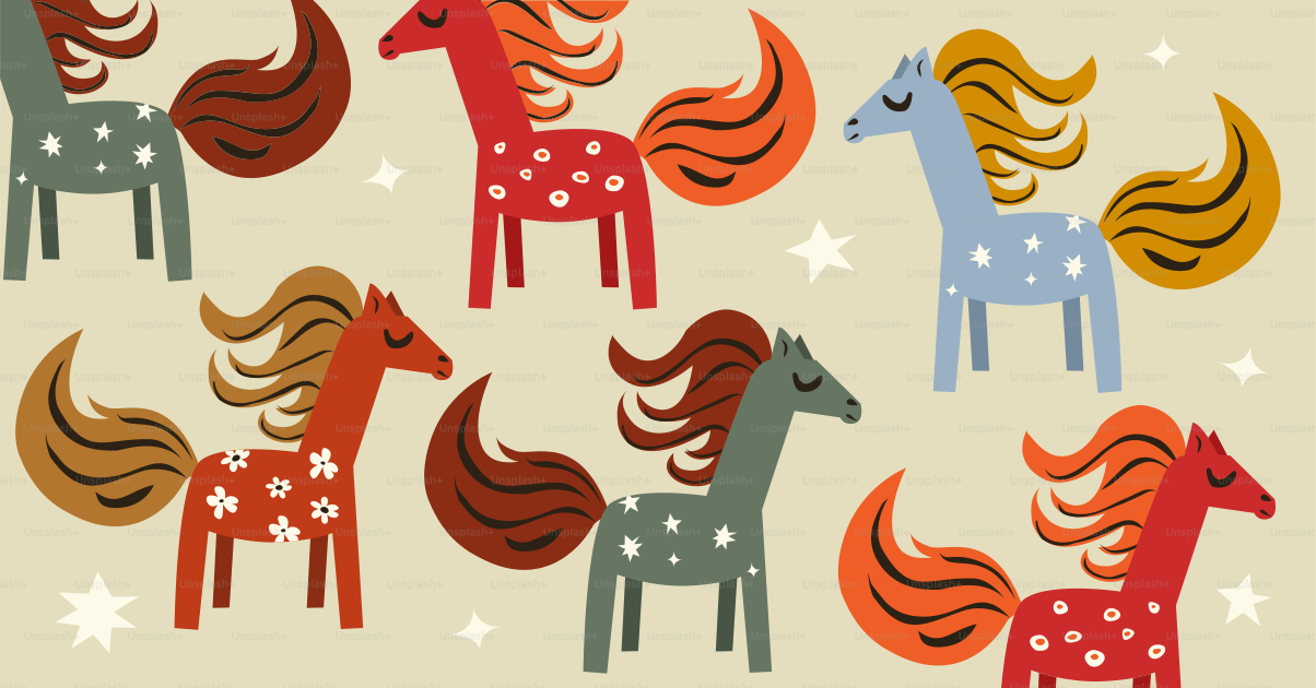 Several colorful, patterned horses with flowing manes. vector – Animal ...