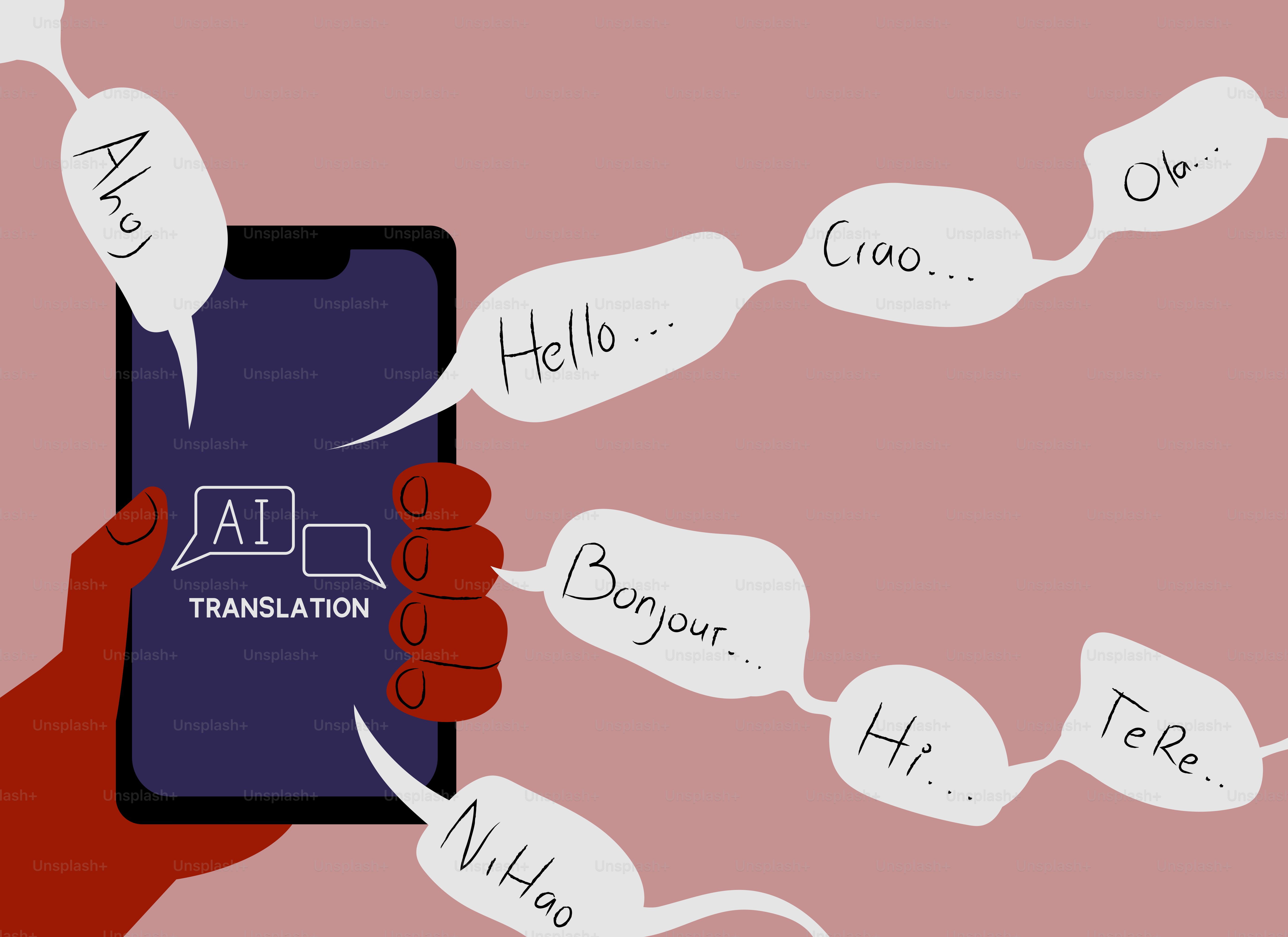 Hand holding phone with ai translation app and speech bubbles. vector ...