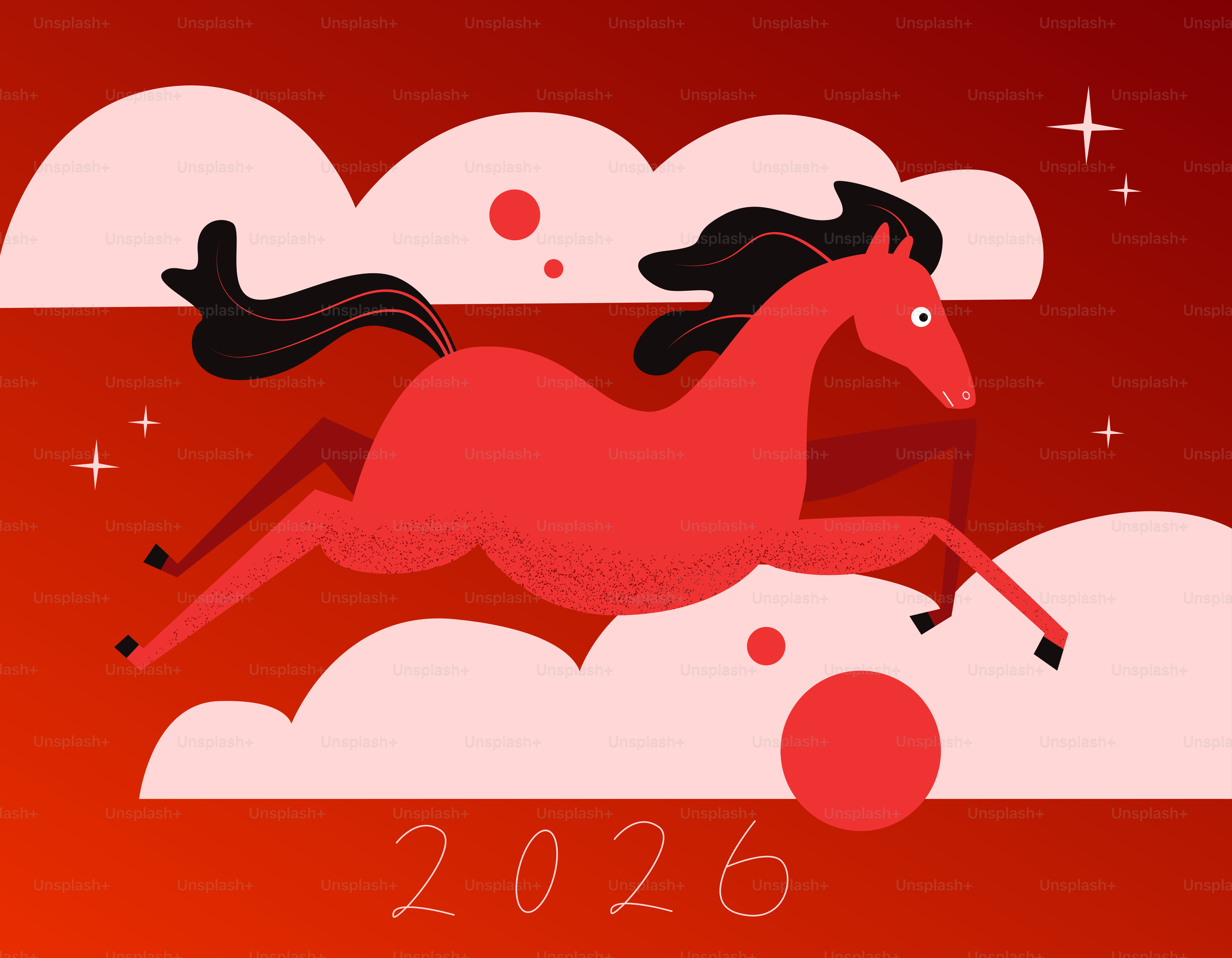 Un cavallo rosso galoppa tra le nuvole con l'anno 2026. vettoriale ...