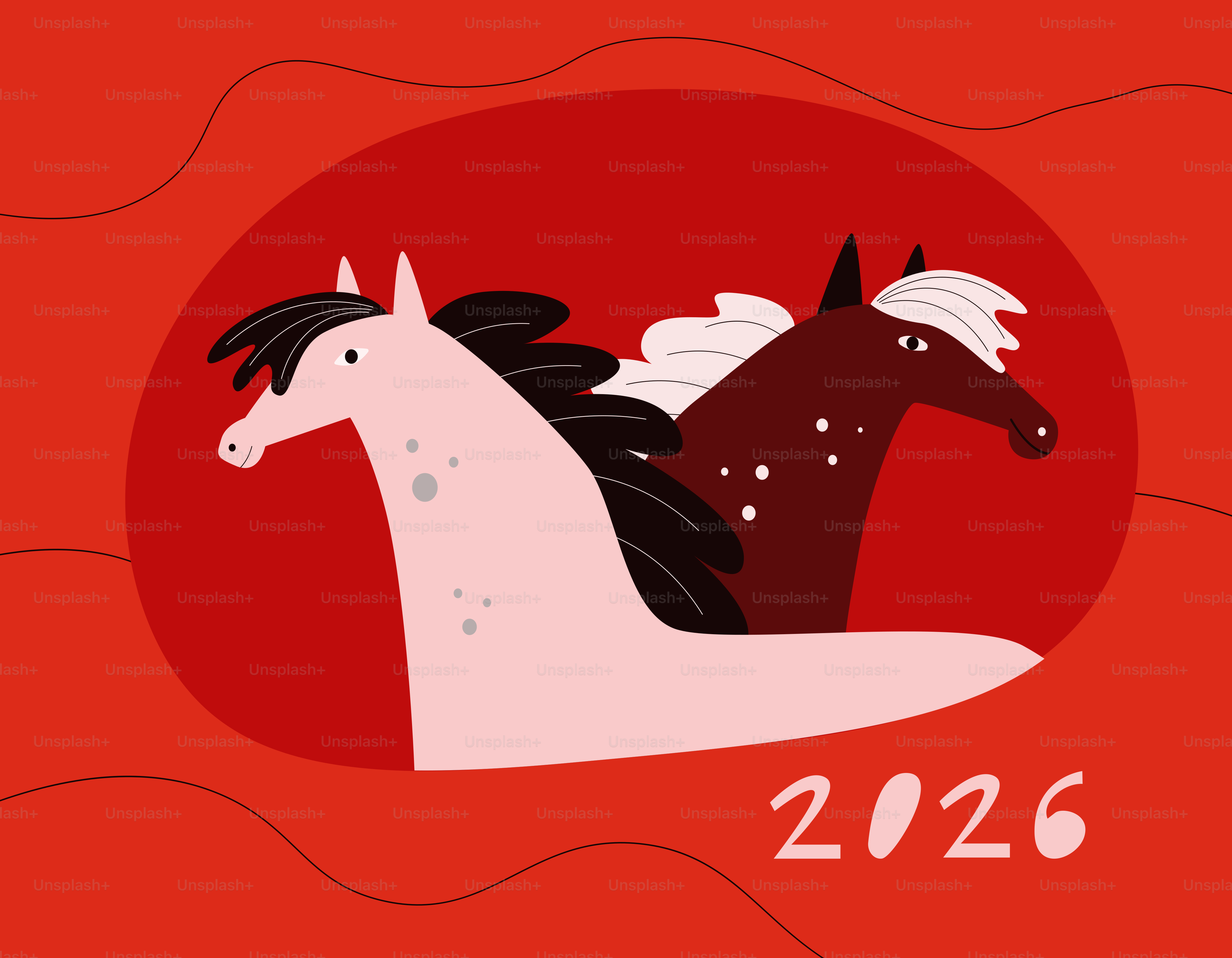 Un cavallo rosso galoppa tra le nuvole con l'anno 2026. vettoriale ...