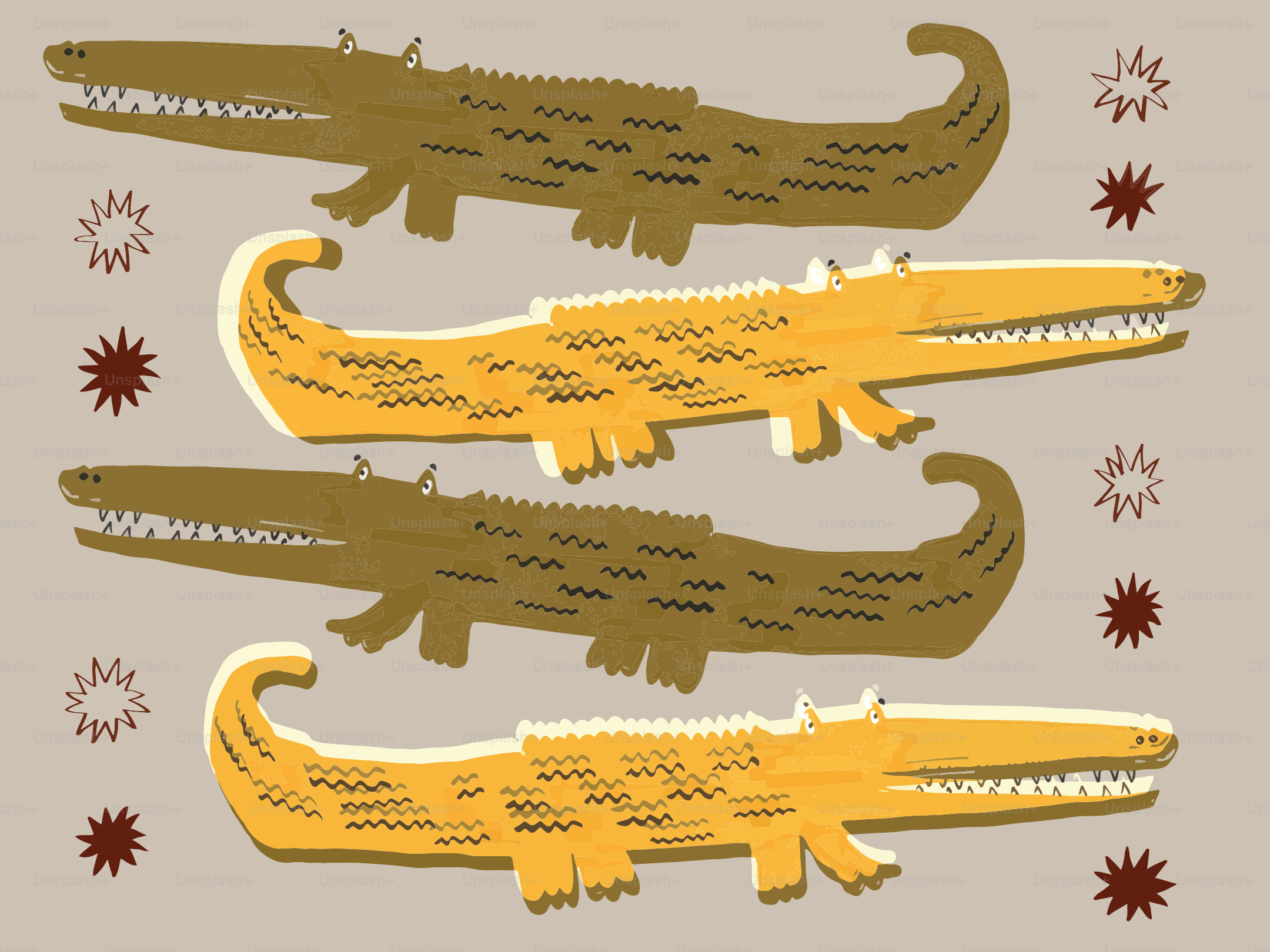 Four stylized crocodiles in a row on a beige background. vector ...