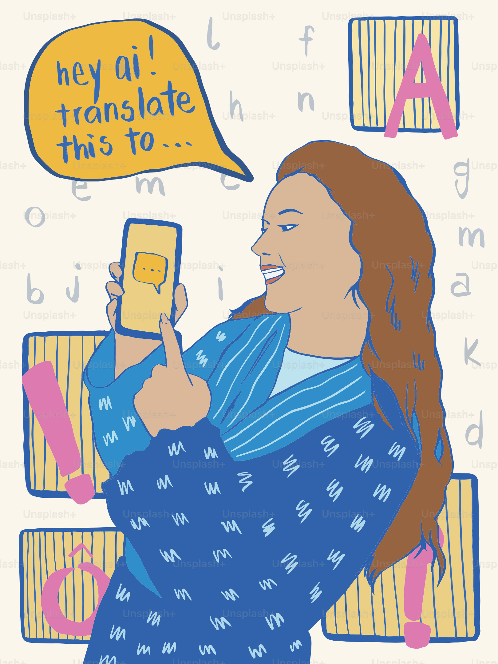 Woman uses phone for ai translation with speech bubble. vector ...