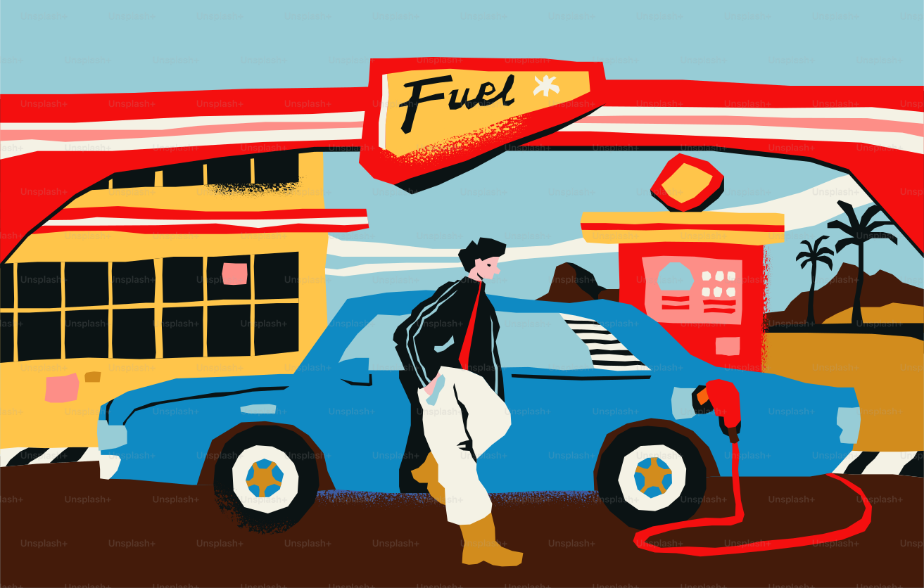 Man refueling a blue car at a gas station vector – Wallpaper Image on ...