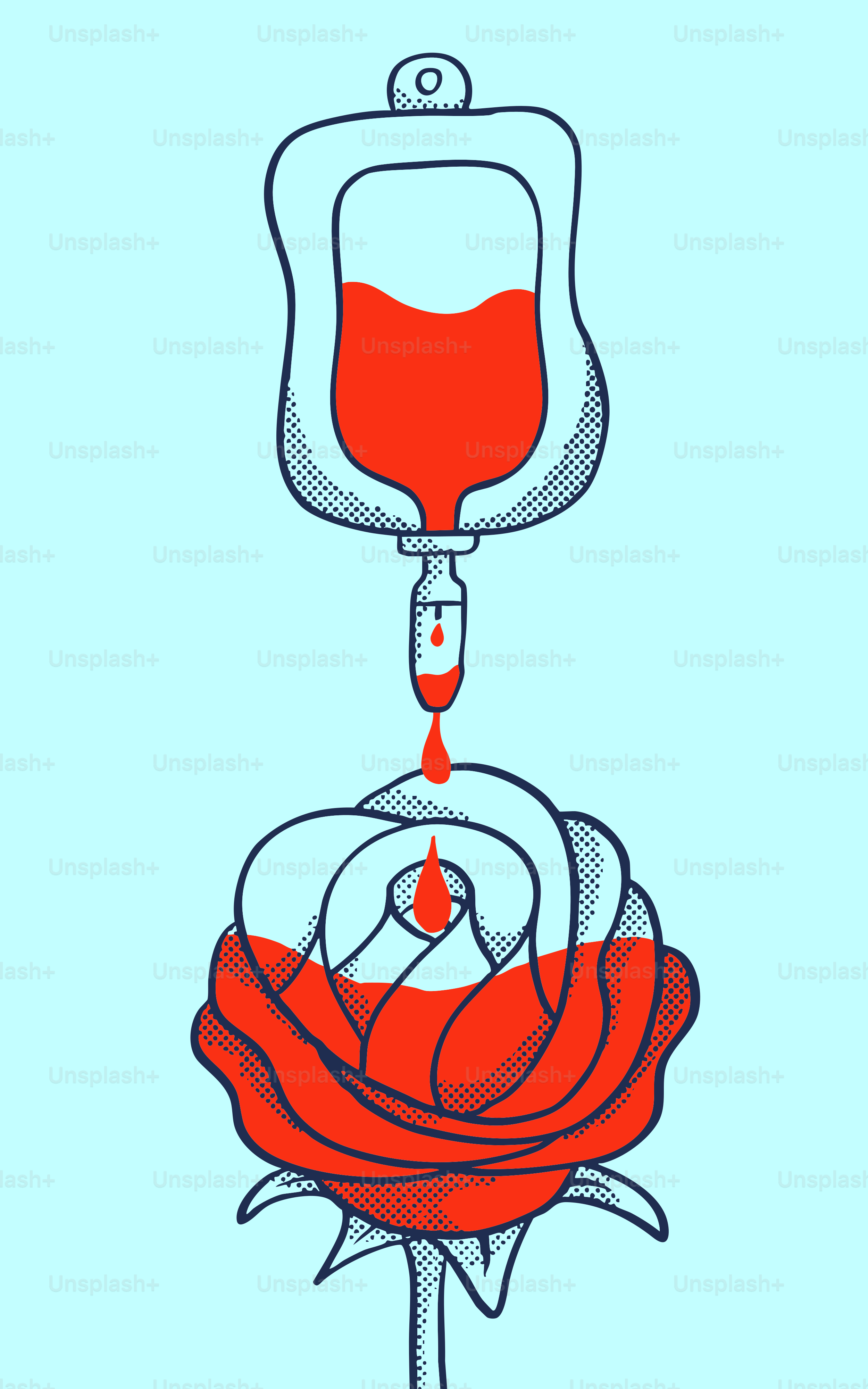 Blood bag dripping into a rose on blue background vector – Rose Image ...