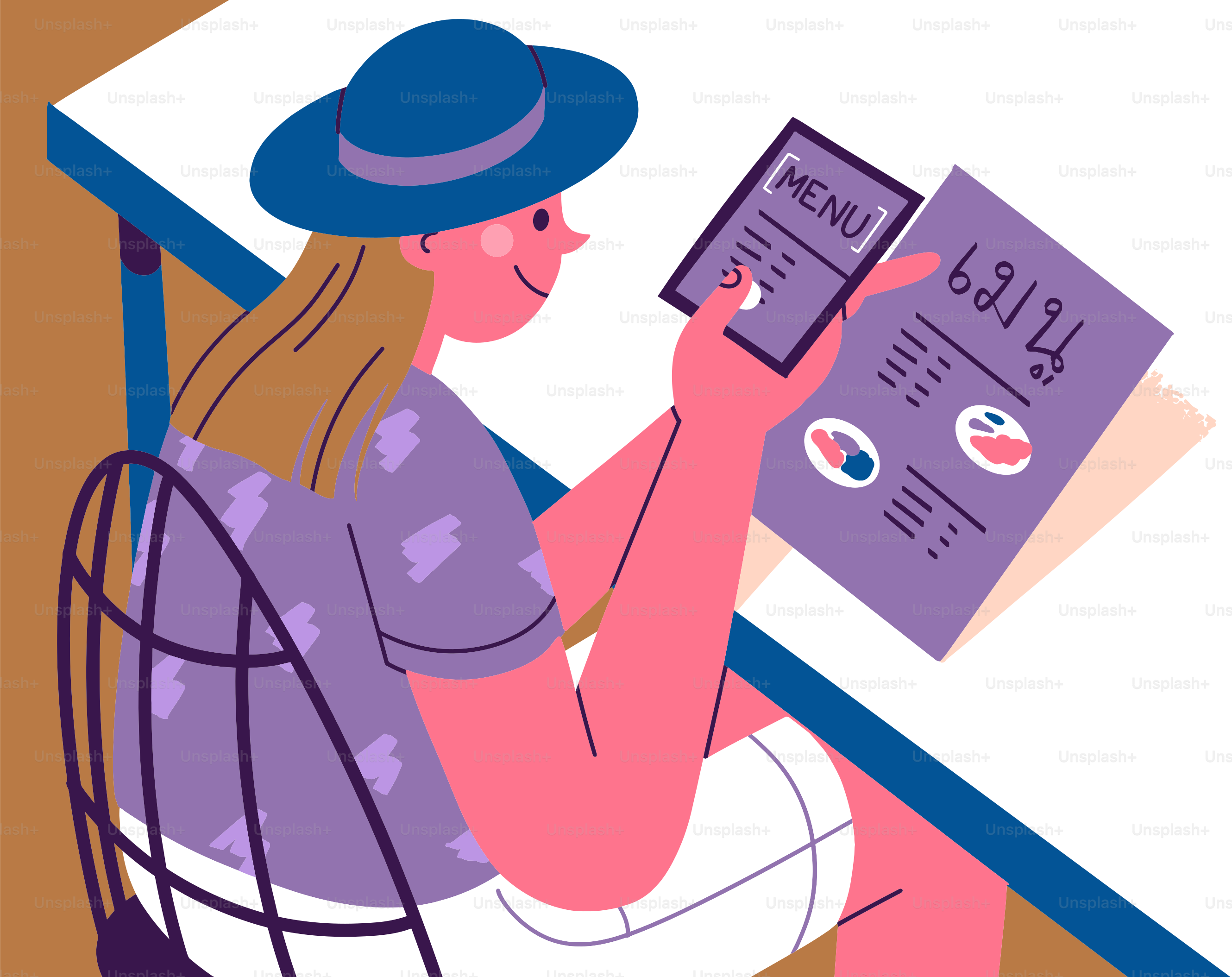 Woman in hat reading a menu at a table. vector – Food Image on Unsplash
