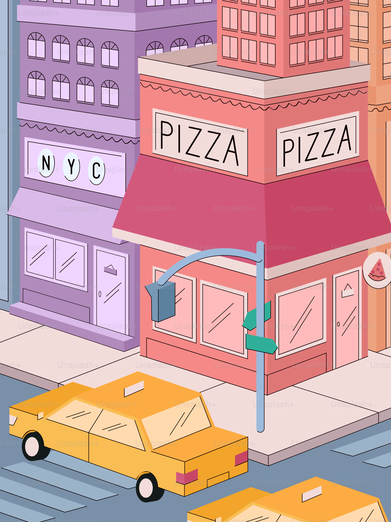 Stylized city street with colorful buildings and signs. vector ...