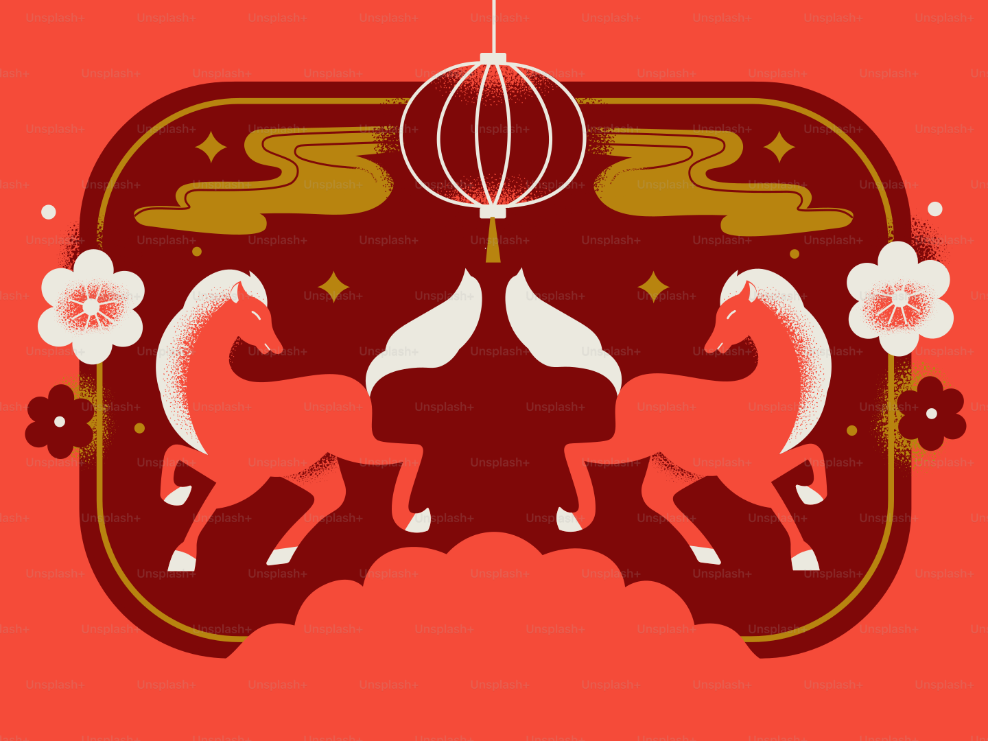 Two red horses with a lantern and flowers. vector – Illustration Image ...