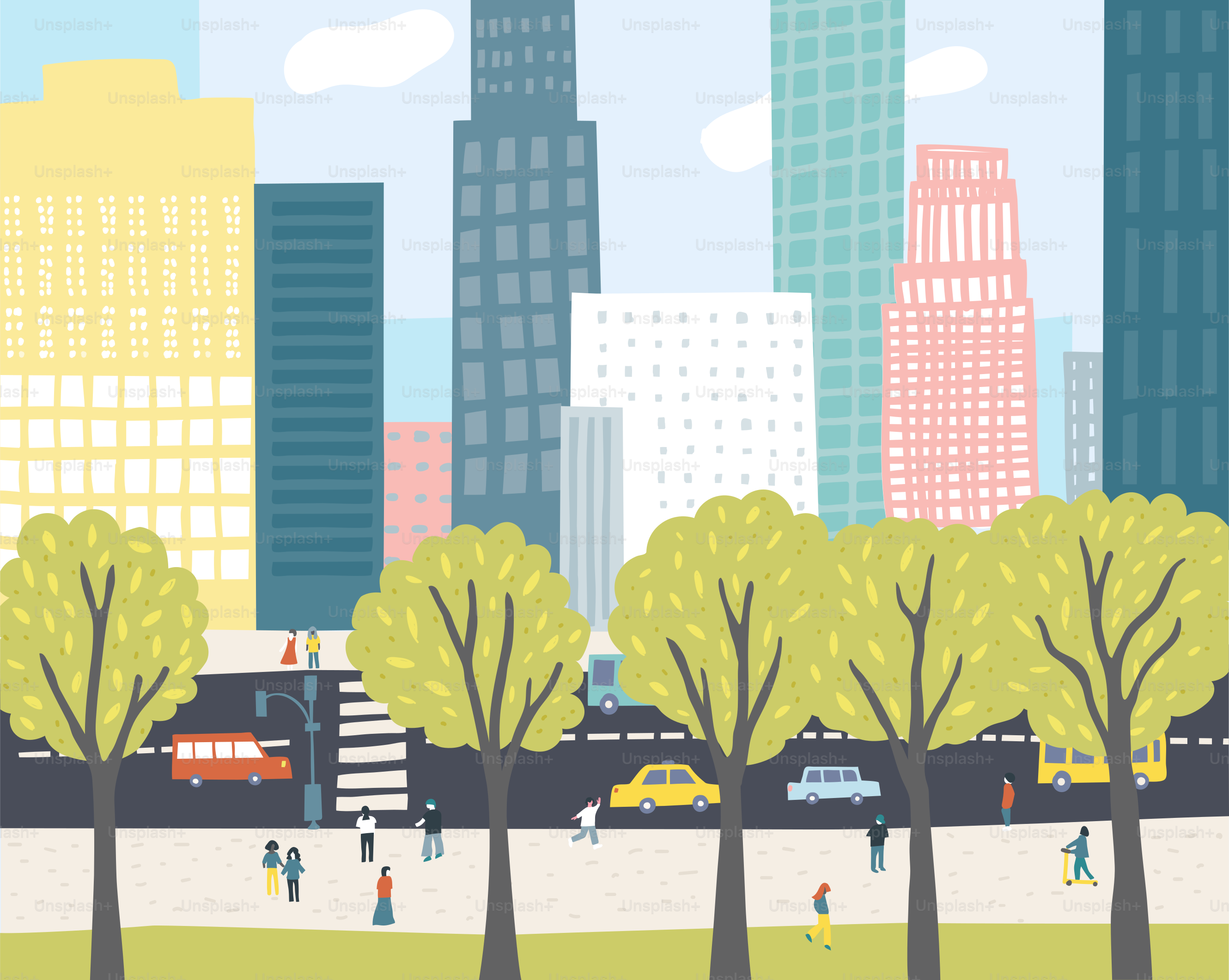 Cityscape with trees, people, and traffic on street. vector – City ...