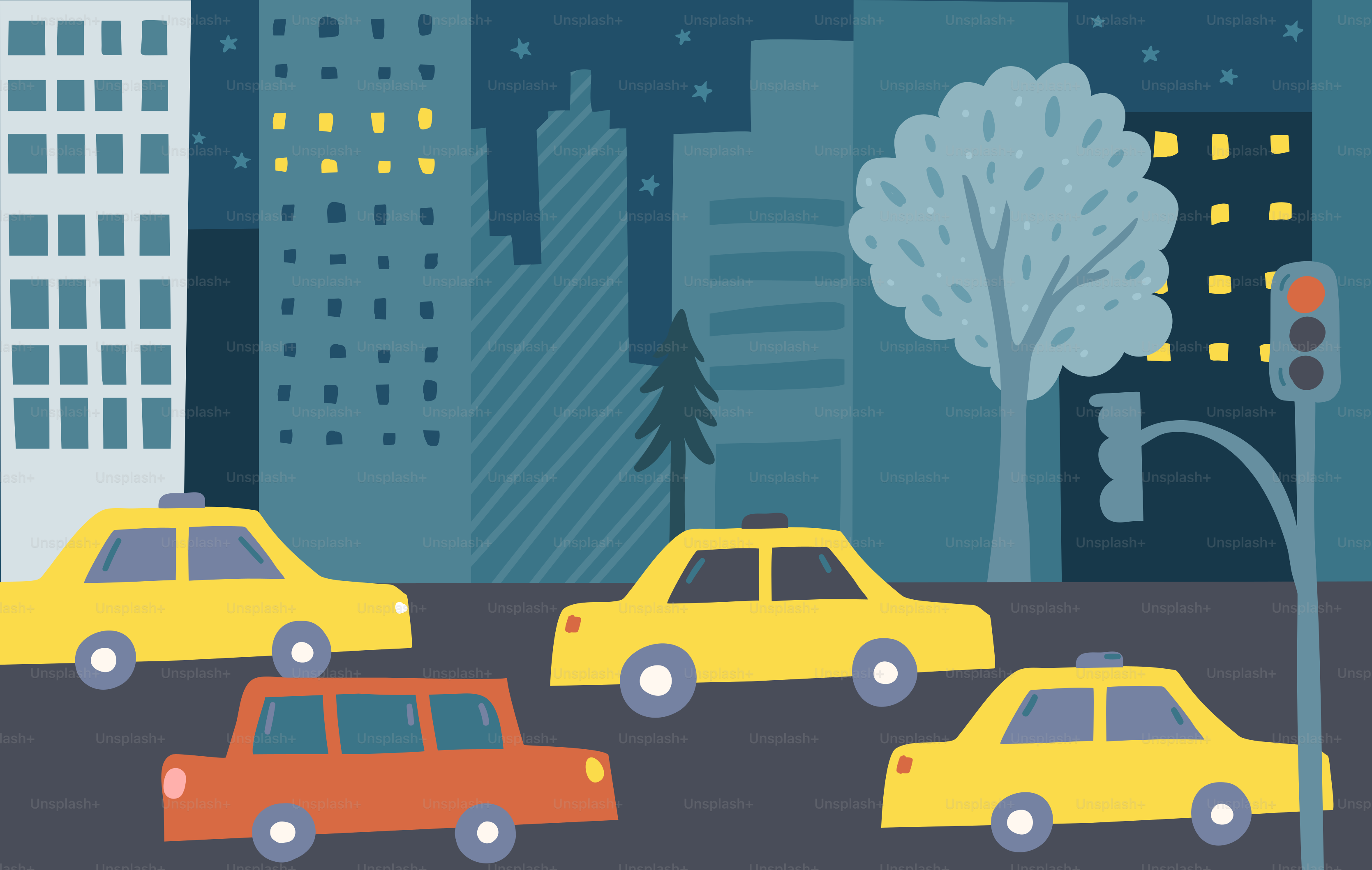 Cityscape with trees, people, and traffic on street. vector – City ...