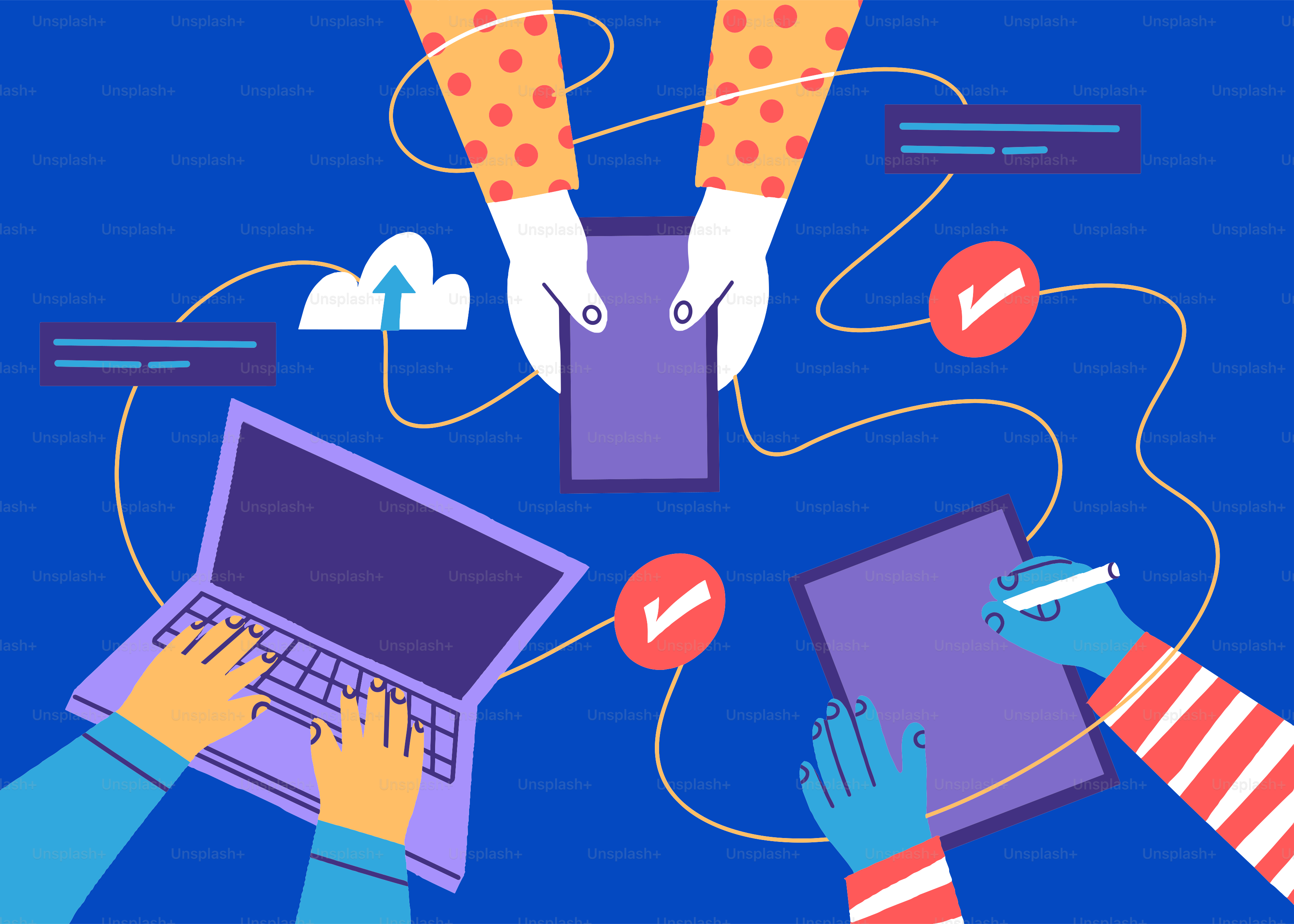 Two people connect digitally with cloud upload. vector – People Image ...