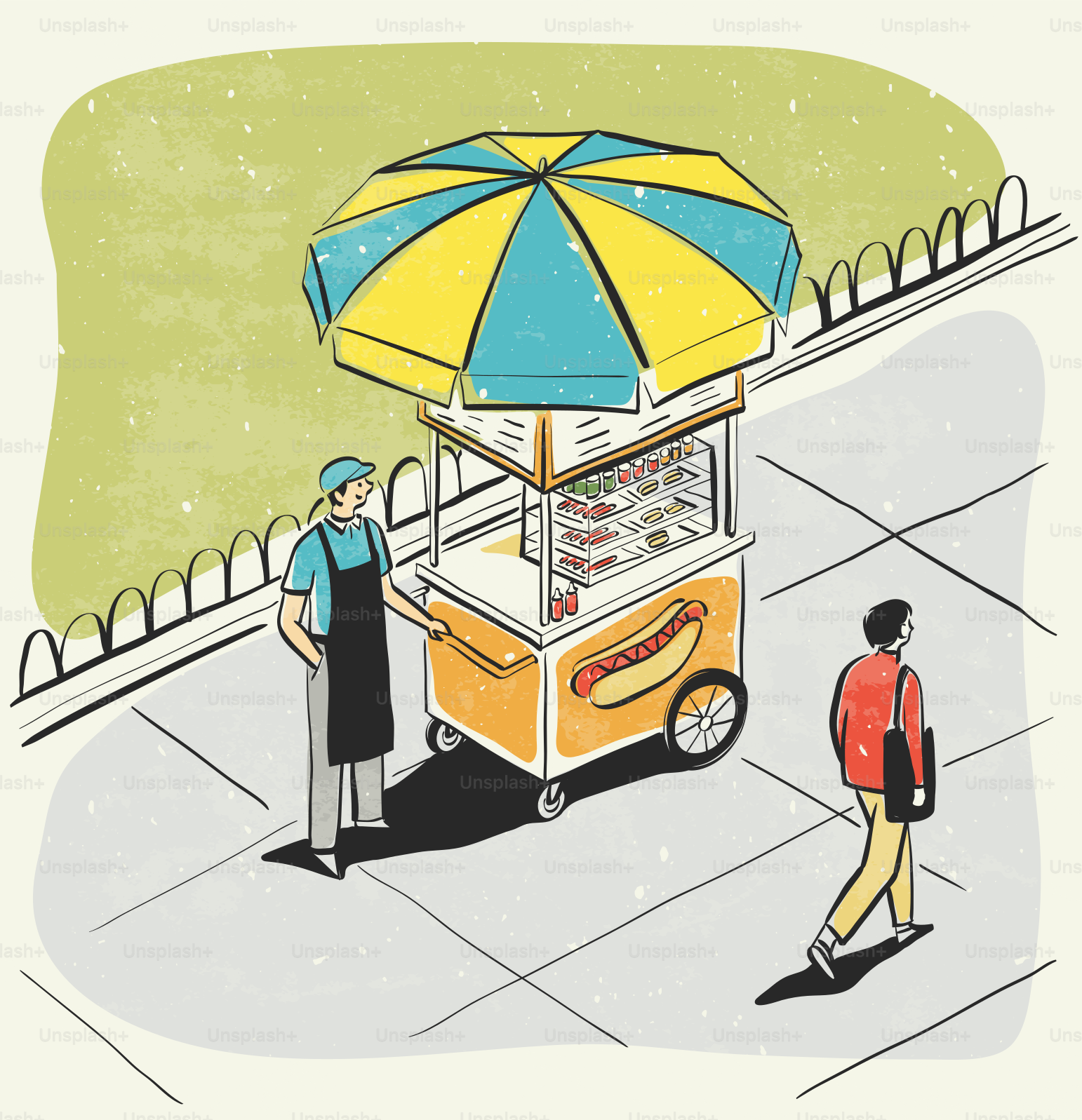 People walk past a deli with yellow taxis nearby. vector – Illustration ...