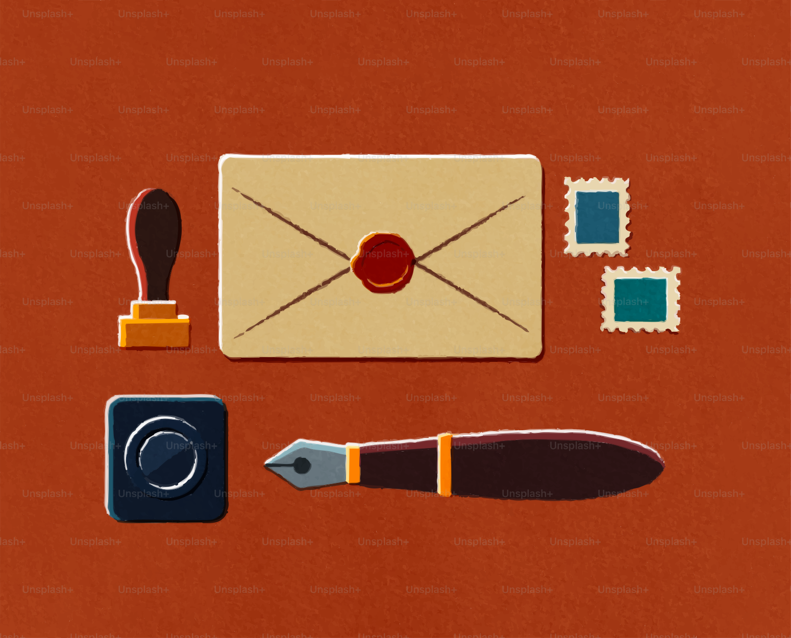 Envelope with wax seal, stamps, inkwell, and quill pen. vector ...