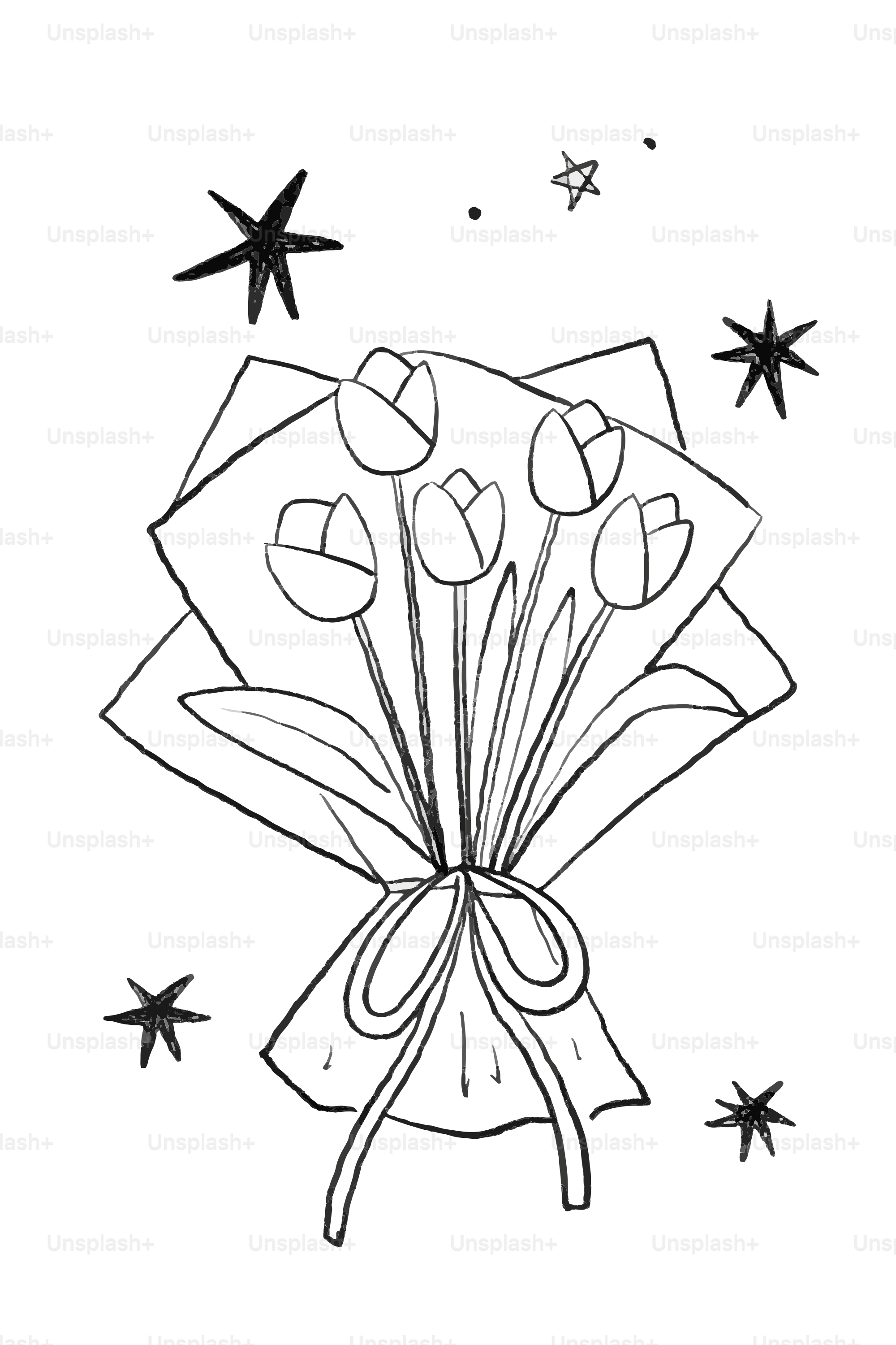 A sketch of a bouquet of tulips with stars. vector – Flower Image on ...