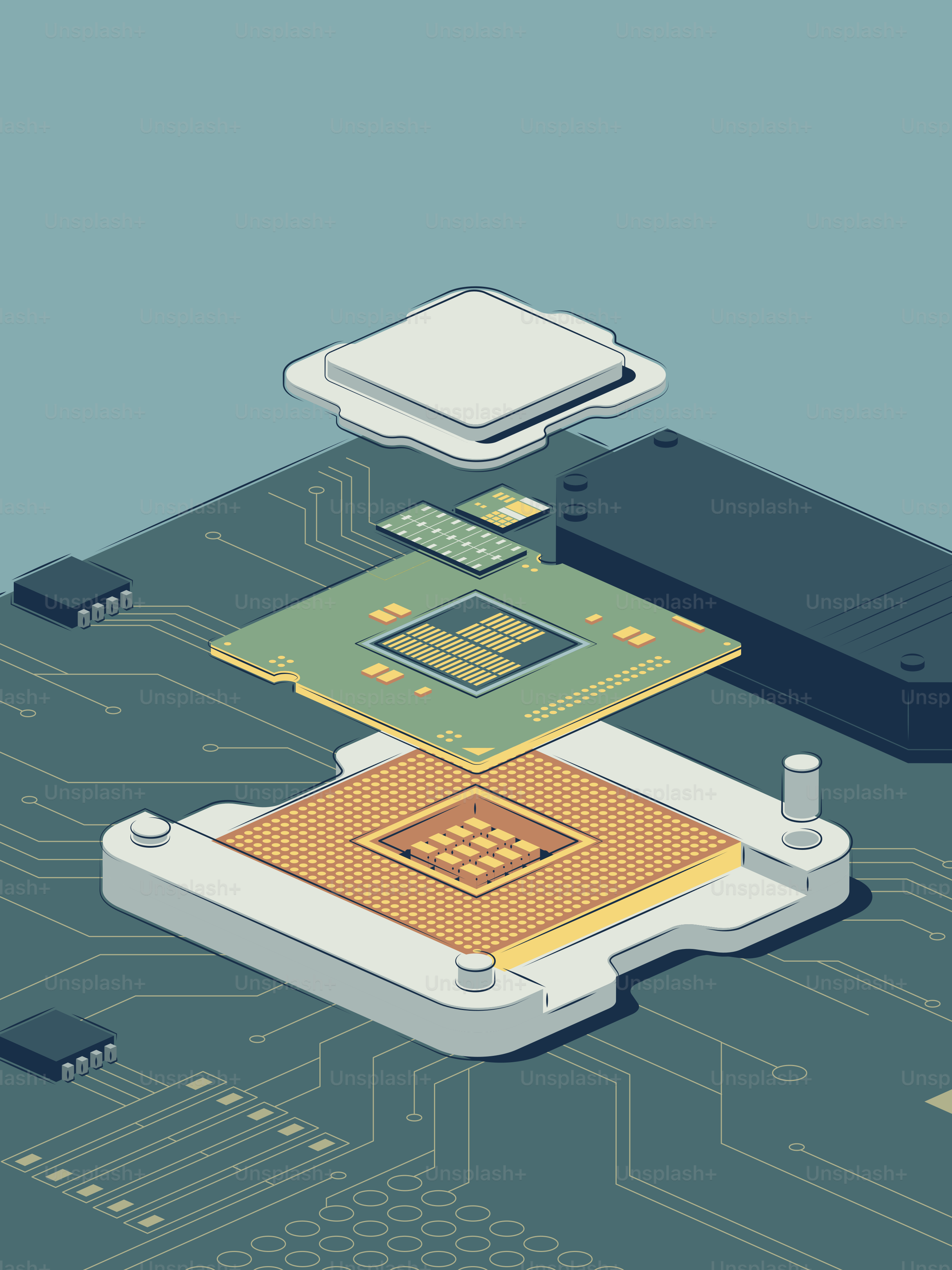 Exploded view of a computer processor and motherboard vector ...