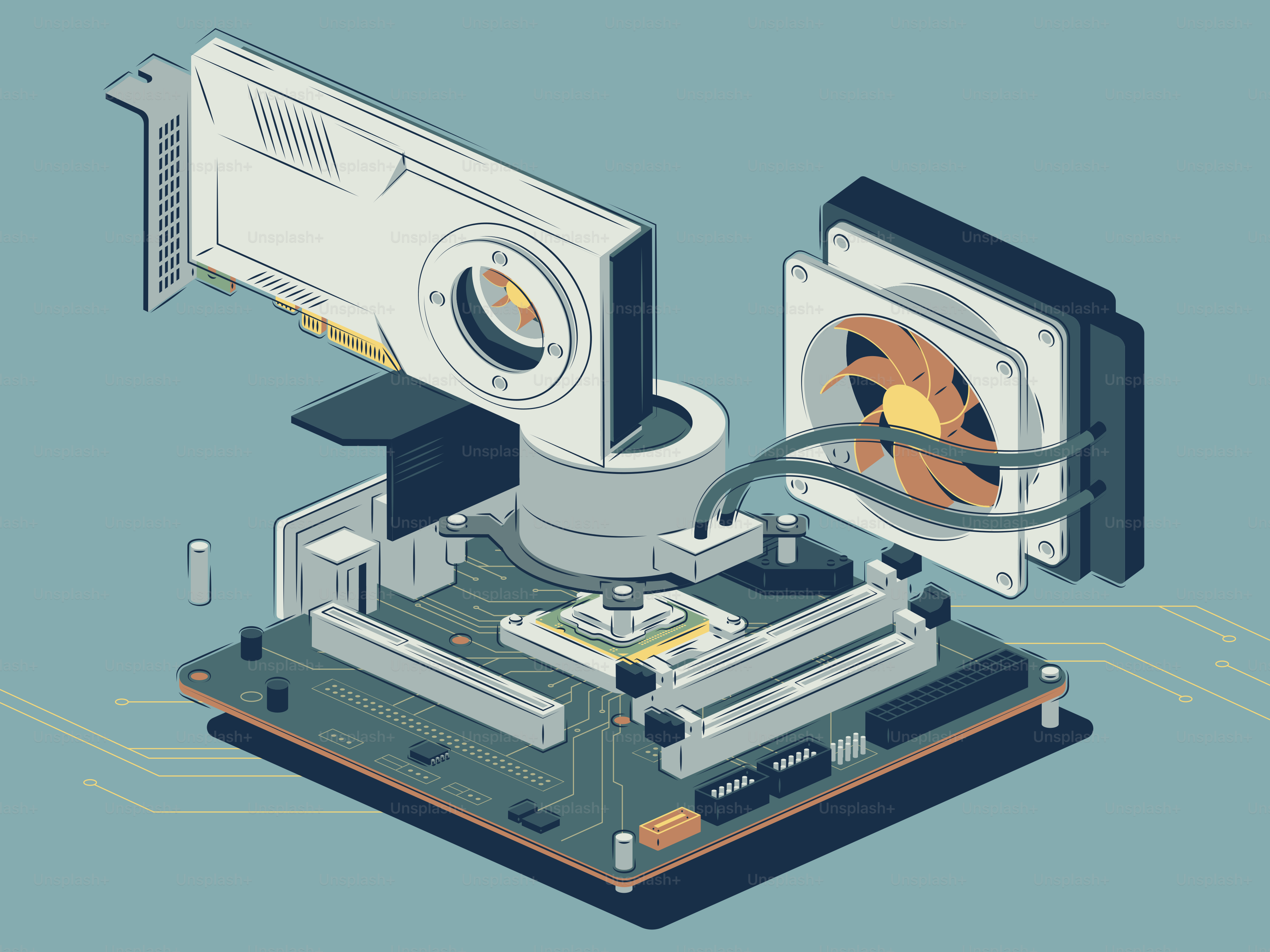 Vektor Tampilan meledak dari komponen kartu grafis komputer – Gambar ...