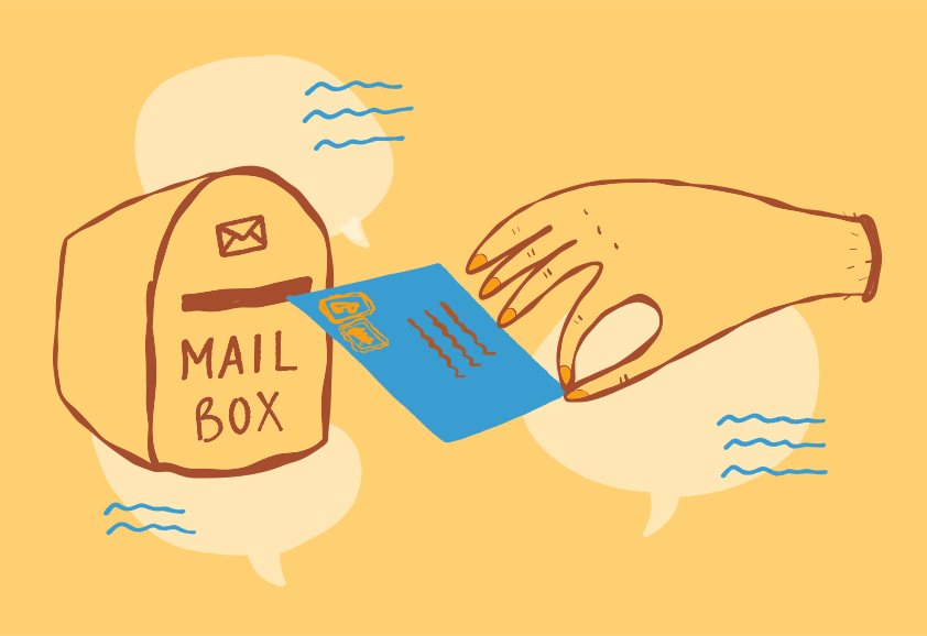 Vektor Dua orang berkomunikasi melalui amplop dengan surat terbang ...