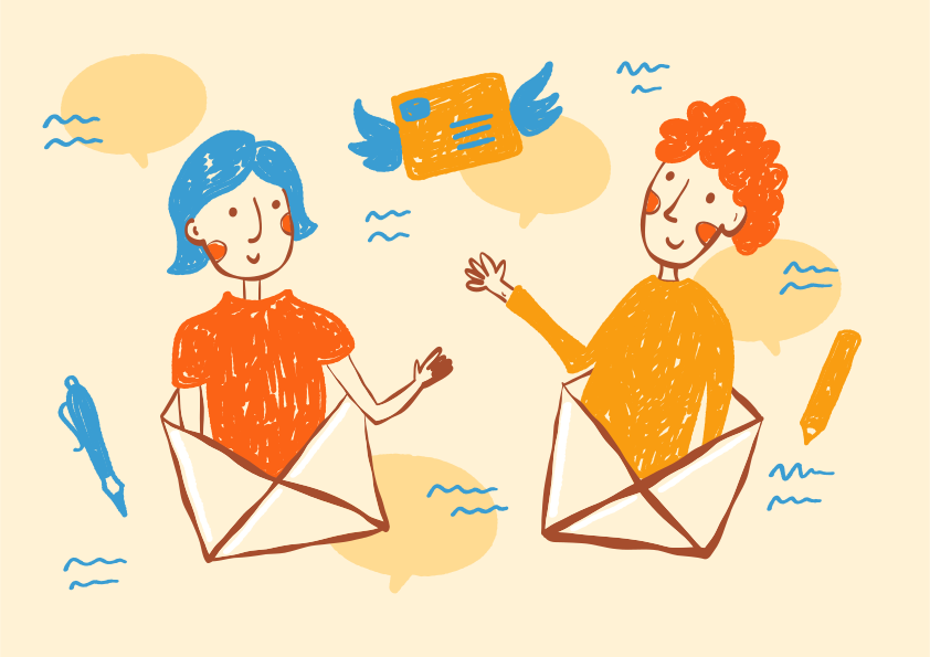 Vektor Dua orang berkomunikasi melalui amplop dengan surat terbang ...