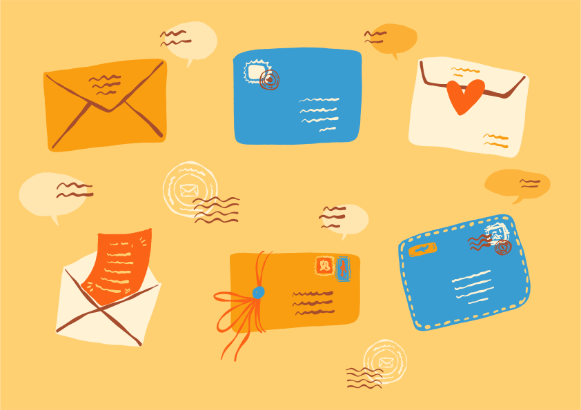 Vektor Dua orang berkomunikasi melalui amplop dengan surat terbang ...