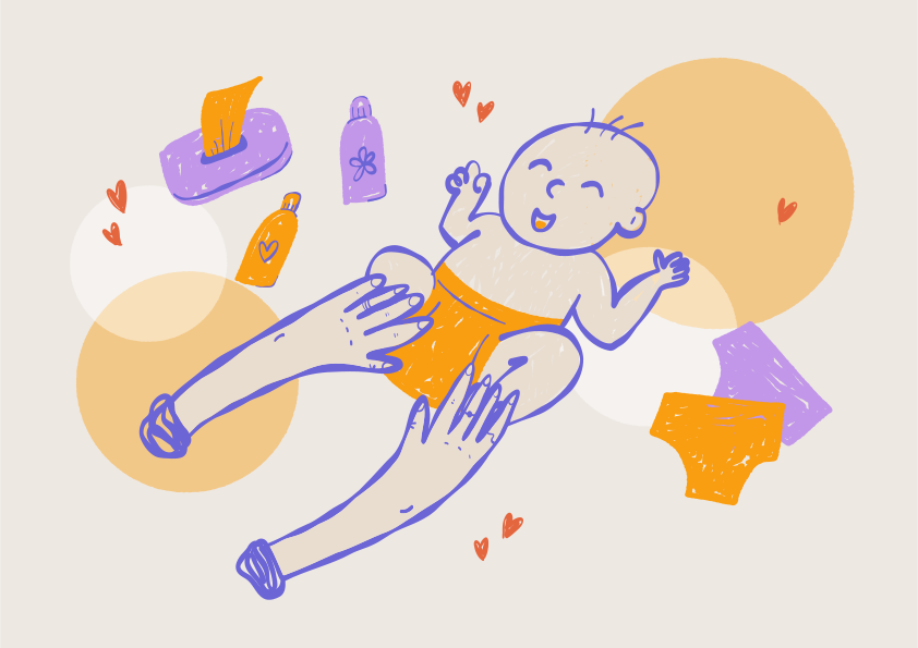 Baby getting a diaper change with care items around. vector – Cute baby ...