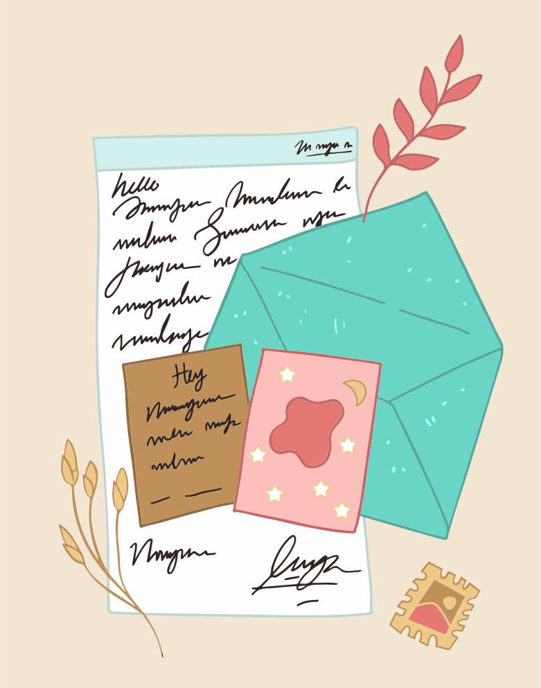 Vektor Surat, amplop, dan stempel dengan elemen dekoratif. – Gambar ...