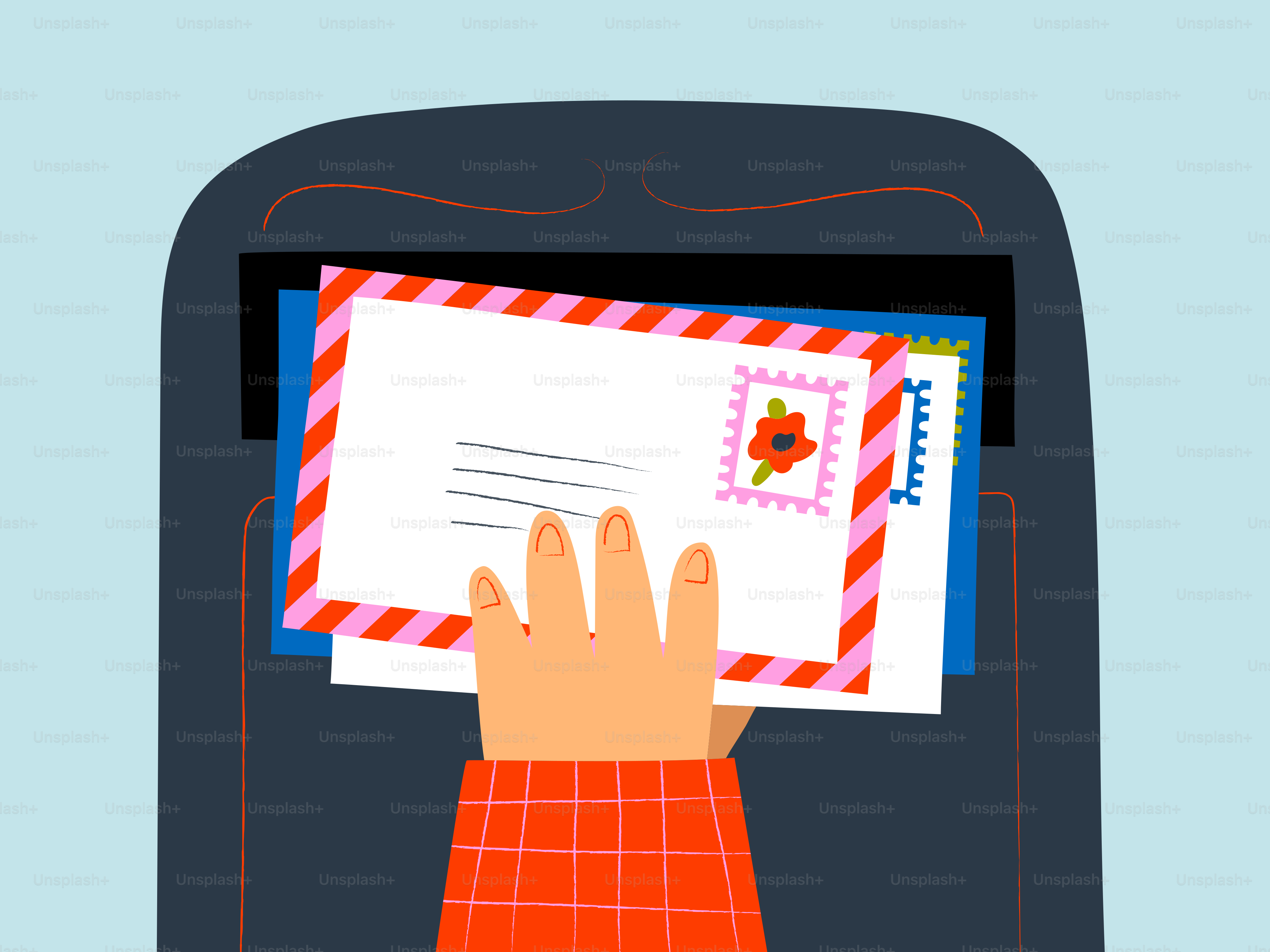 Vektor Mengirimkan surat dengan tangan ke kotak surat biru tua ...